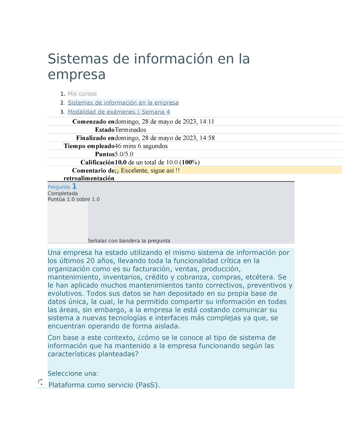 Examen Semana 4 Cal 10 Sistemas De Información En La Empresa Mis