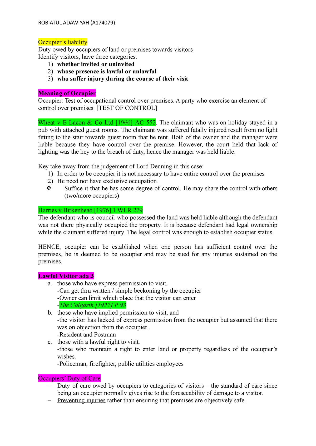 Occupiers Liability Tutorial Tort Ii Occupiers Liability Duty