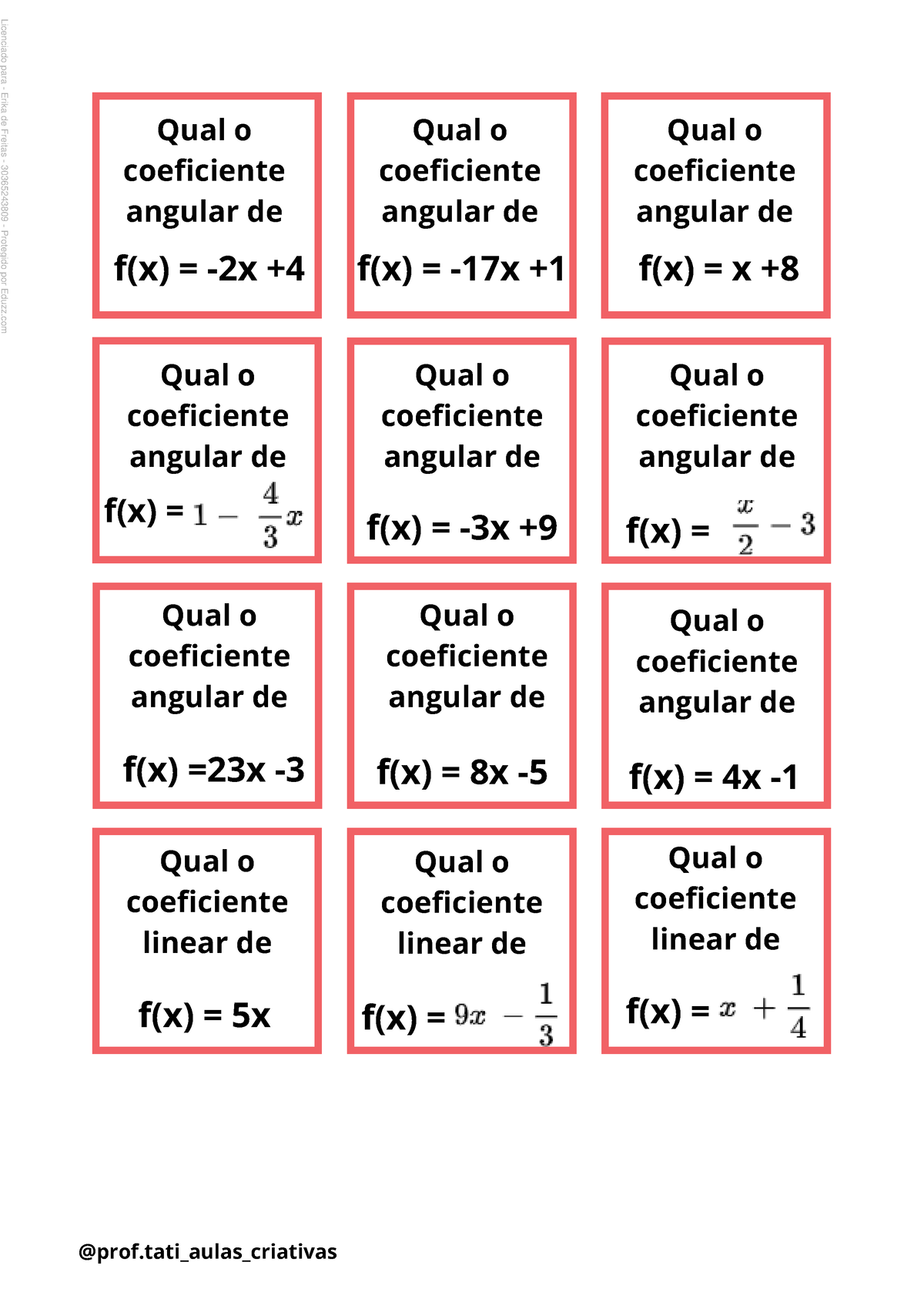 Fichas E Cartelas Do Bingo Funcao Afim Fx 2x 4 Fx 17x 1 F