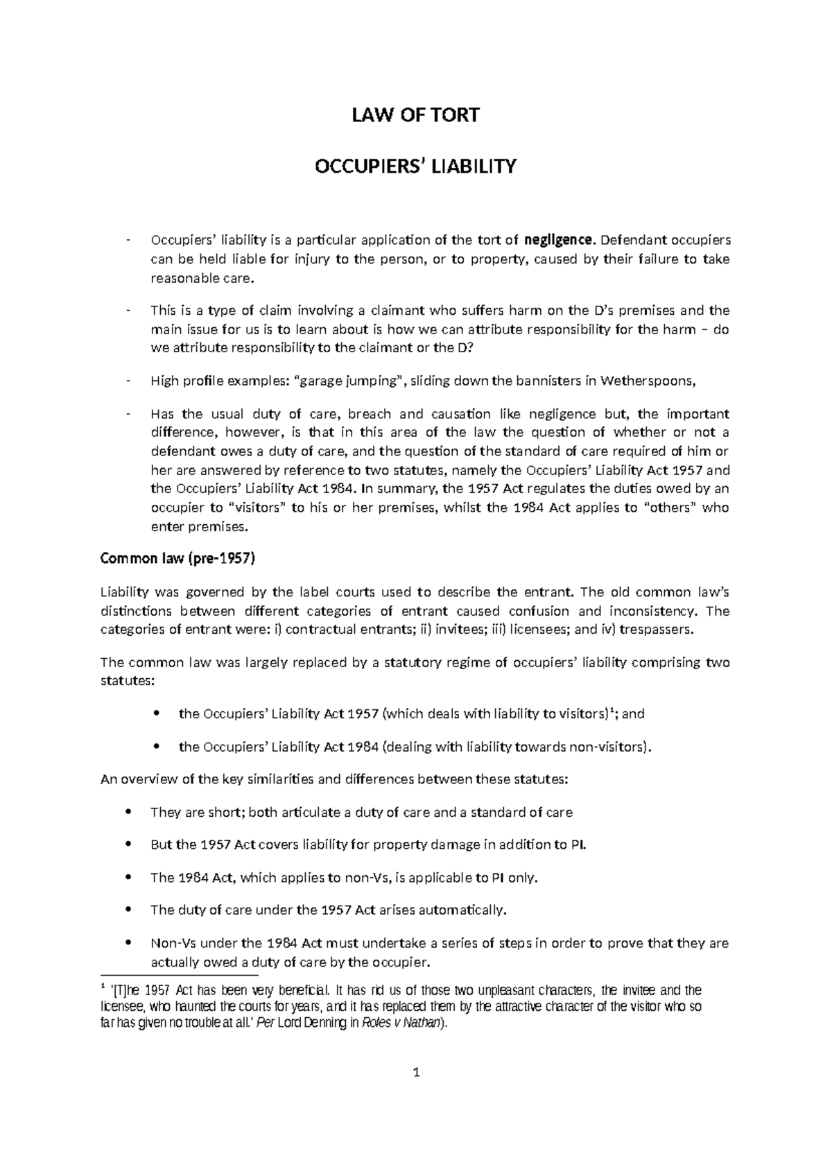 Week 5 Occupiers Liability Handout Part I Law Of Tort Occupiers