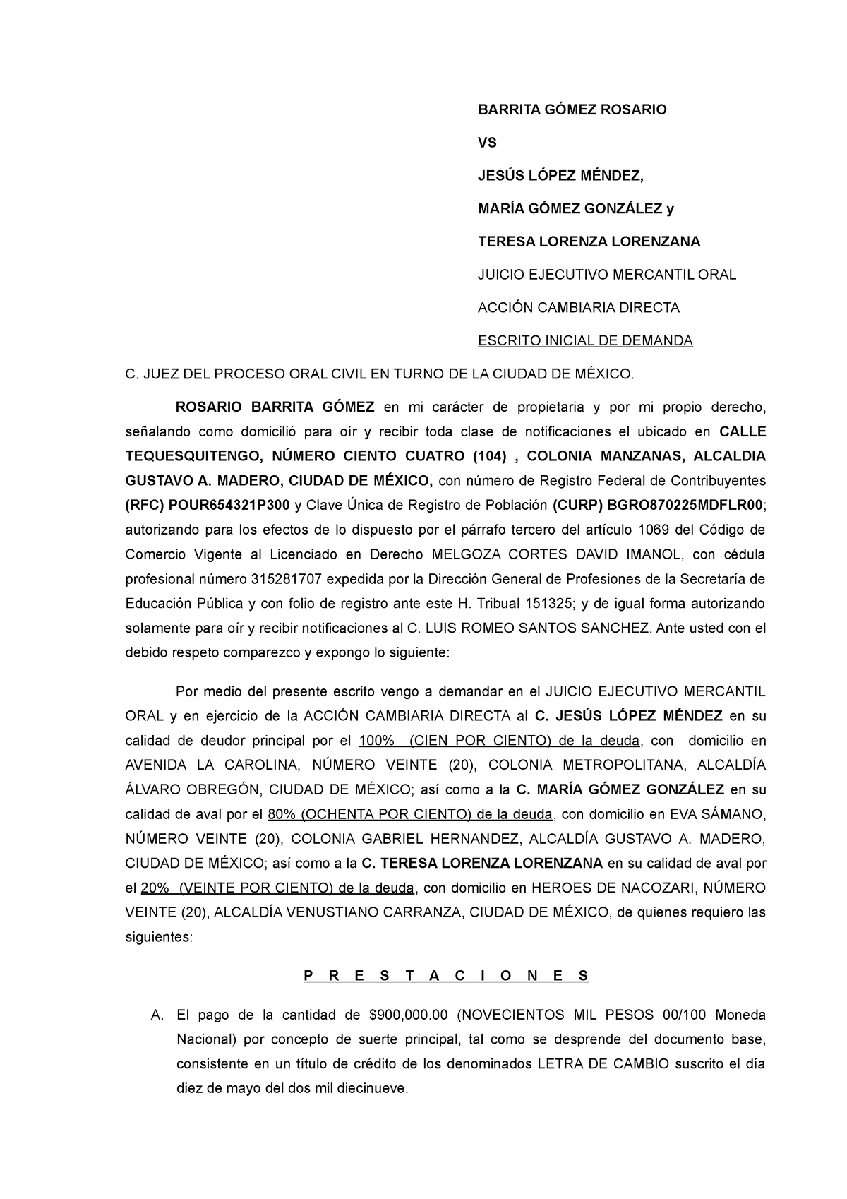 Demanda Letra De Cambio Mercantil Barrita GÓmez Rosario Vs JesÚs