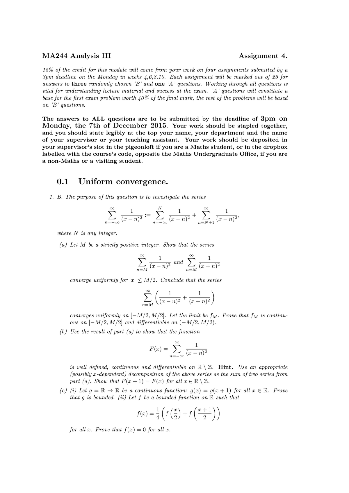 Ma244 2015 2016 Assignment 4 Ma244 Analysis Iii Assignment 4 15 Of