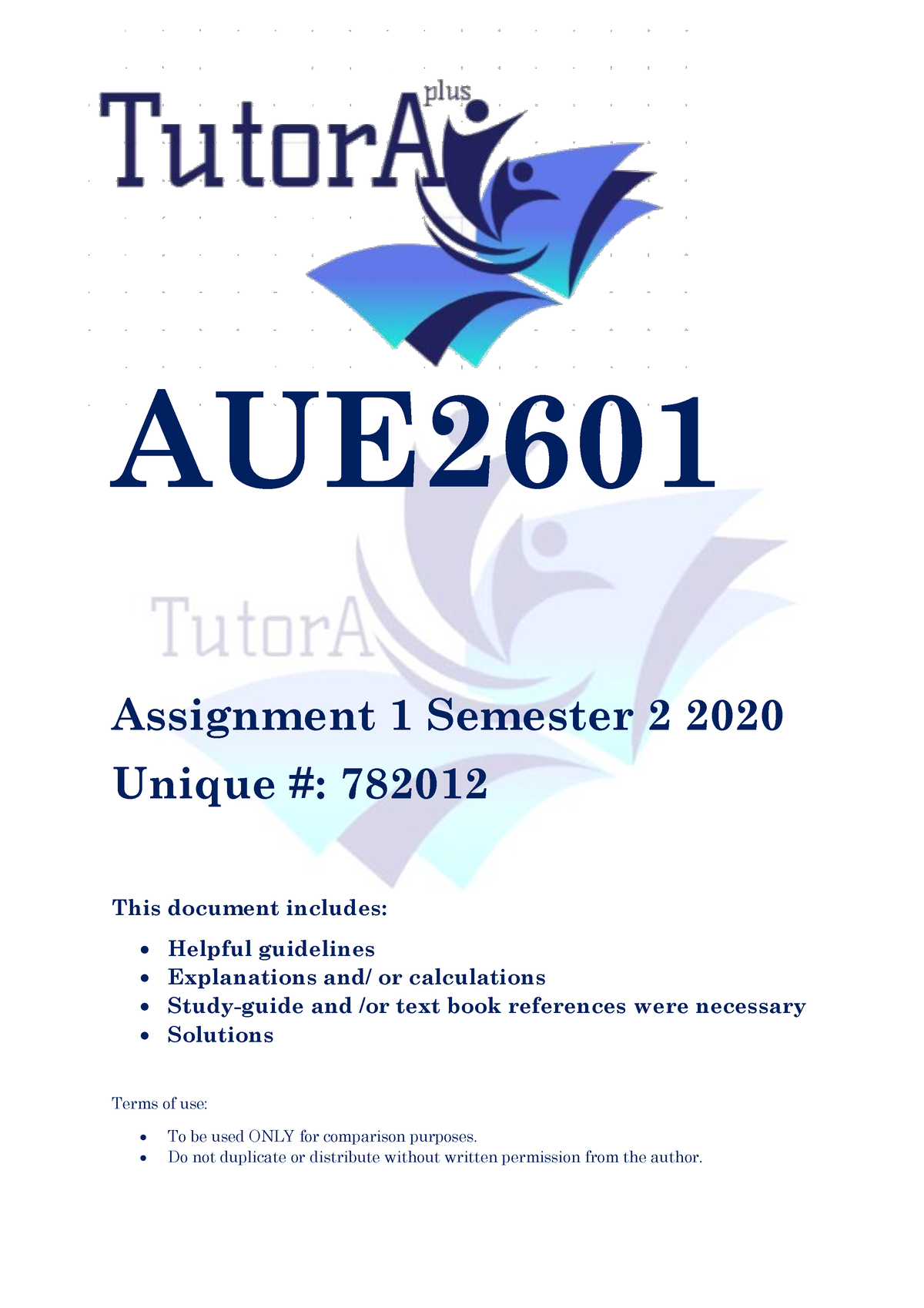 Aue2601 Assignment 1 Semester 2 2020 Aue Assignment 1 Semester 2 2020