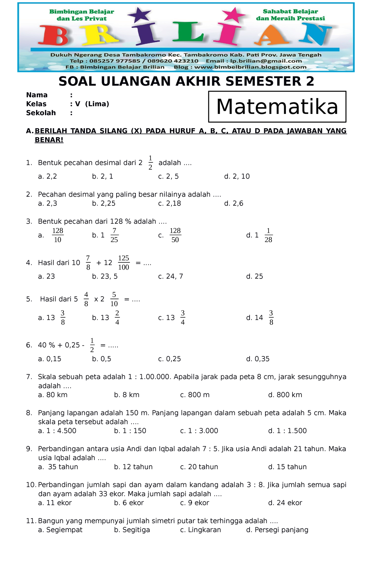 454080051 Soal Uas Matematika Kelas 5 Sd Semester 2 Dan Kunci Jawaban