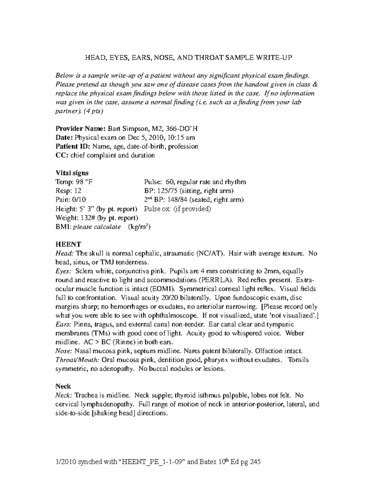 4 Heent Write Up 1 2 10 Head Eyes Ears Nose And Throat Sample