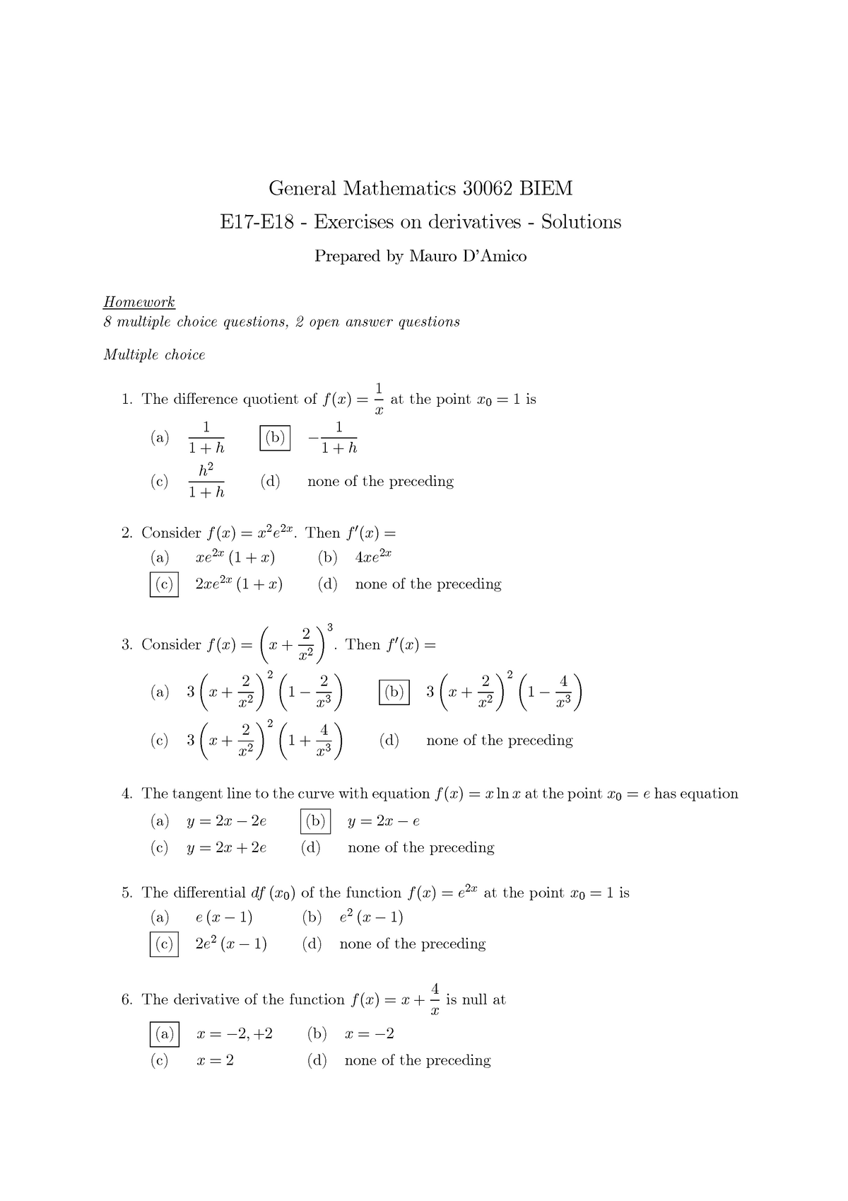 Compiti Facoltativi Derivatives Biem Soluzioni General