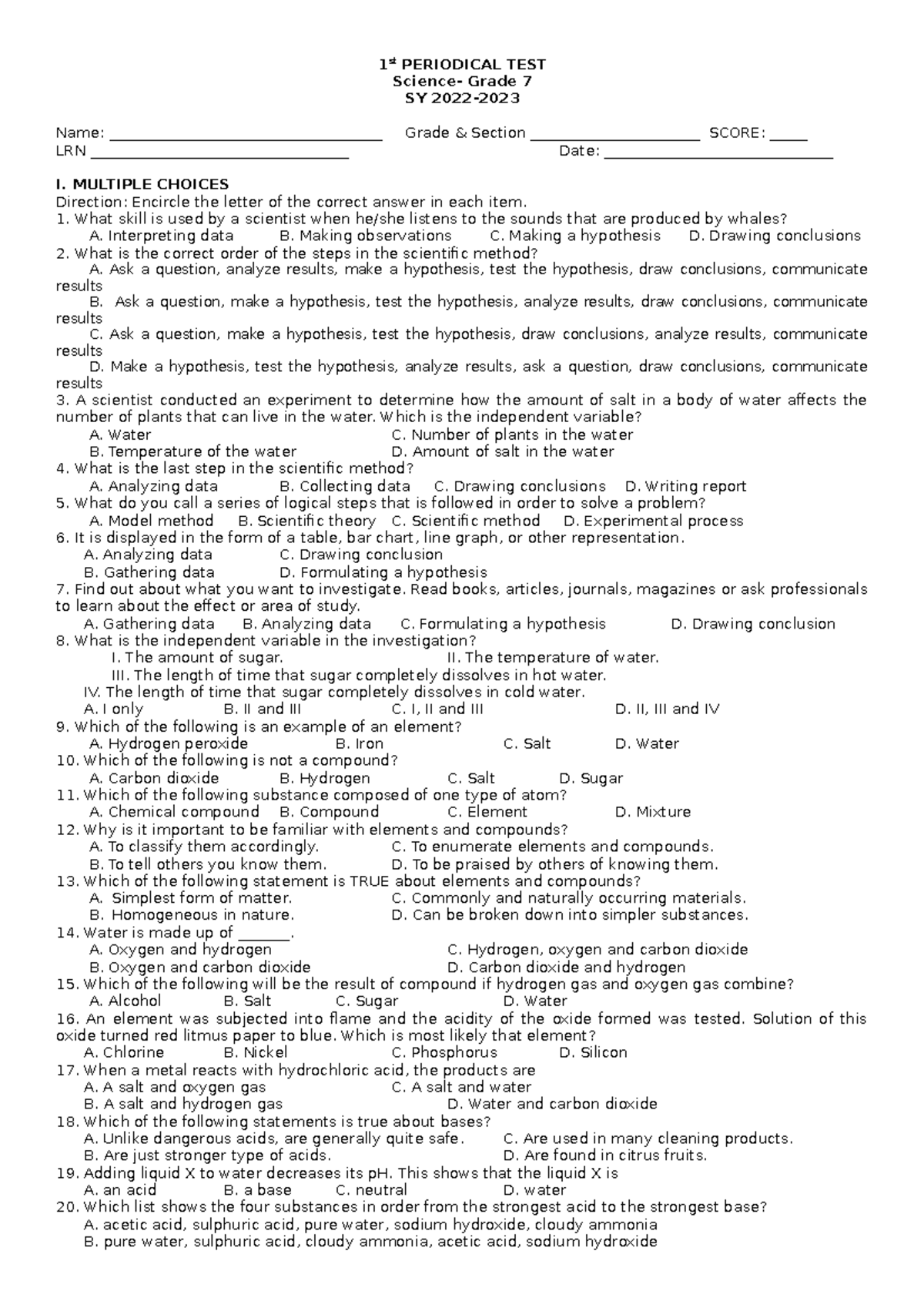 1st Periodic Test Science 7 1 St Periodical Test Science Grade 7