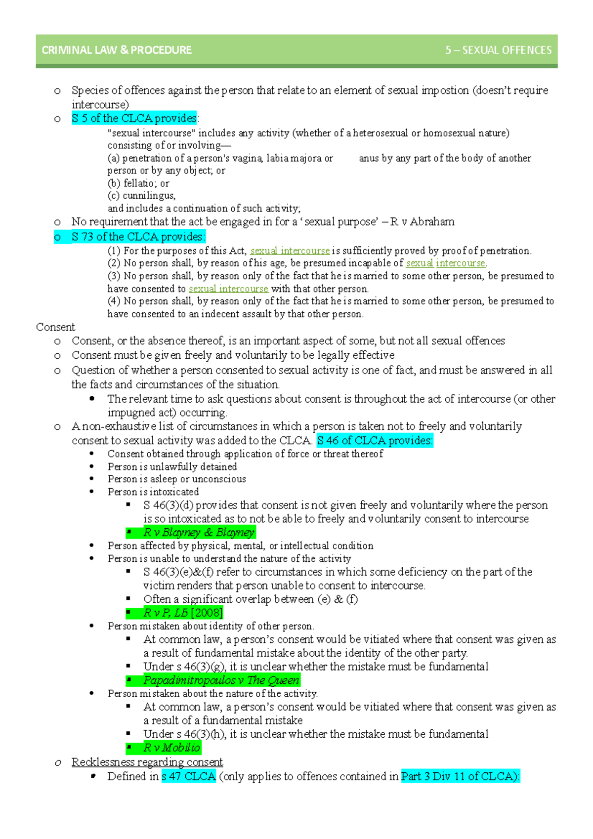 Criminal Law Wk 5 Notes Sexual Offences Criminal Law Sexual Species