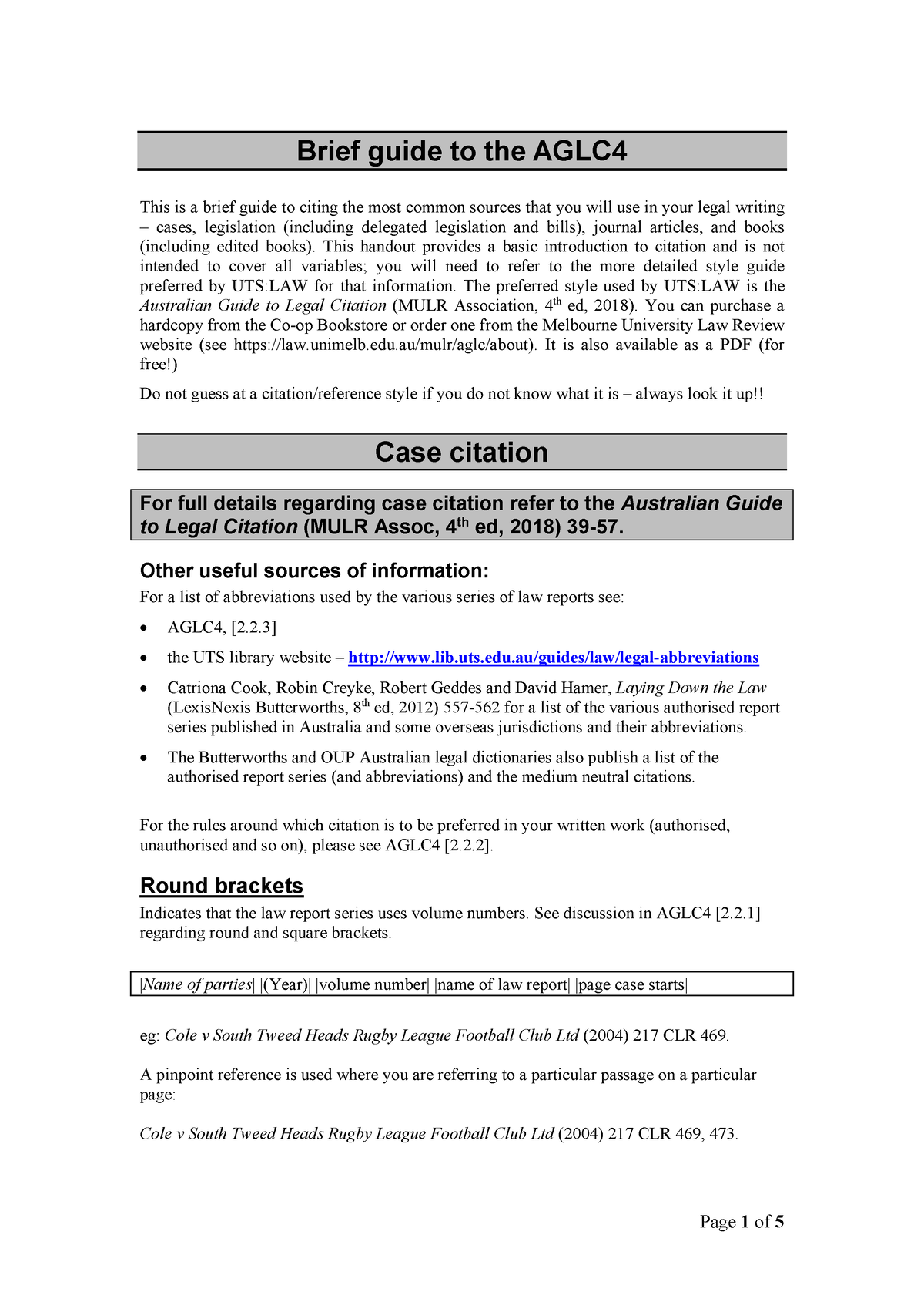 Aglc4 Legal Refrencing Brief Guide To The Aglc This Is A Brief Guide