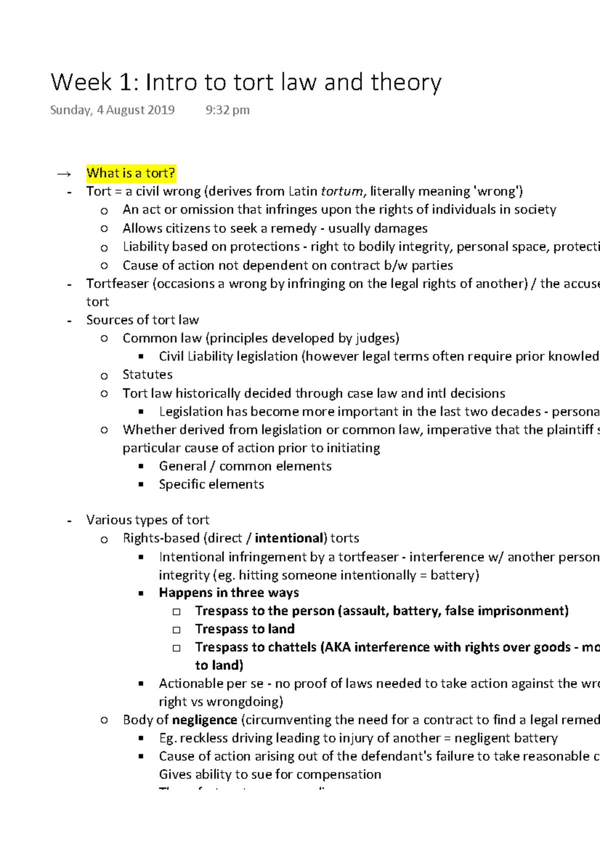 Week 1 Intro To Tort Law And Theory → What Is A Tort Tort A Civil