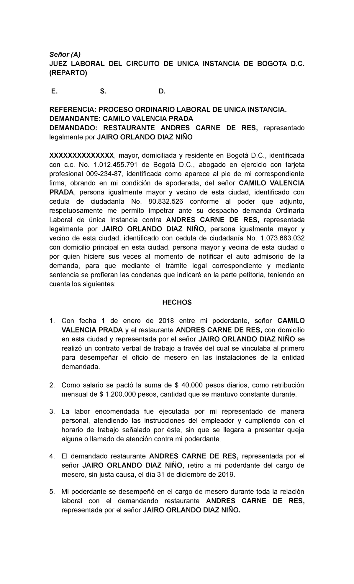 Modelo Demanda Ordinaria Laboral De Unica Instancia Studocu