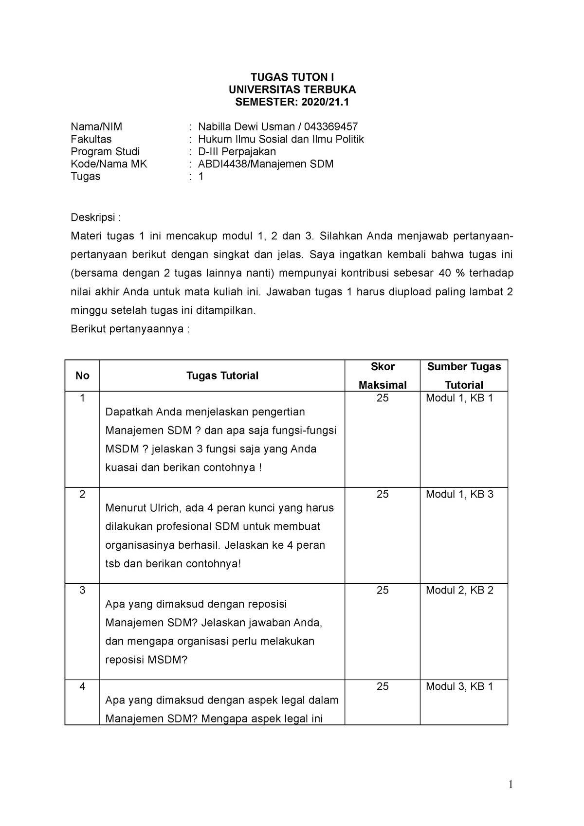 Tugas 1 Manajemen Sdm Tugas Tuton I Universitas Terbuka Semester