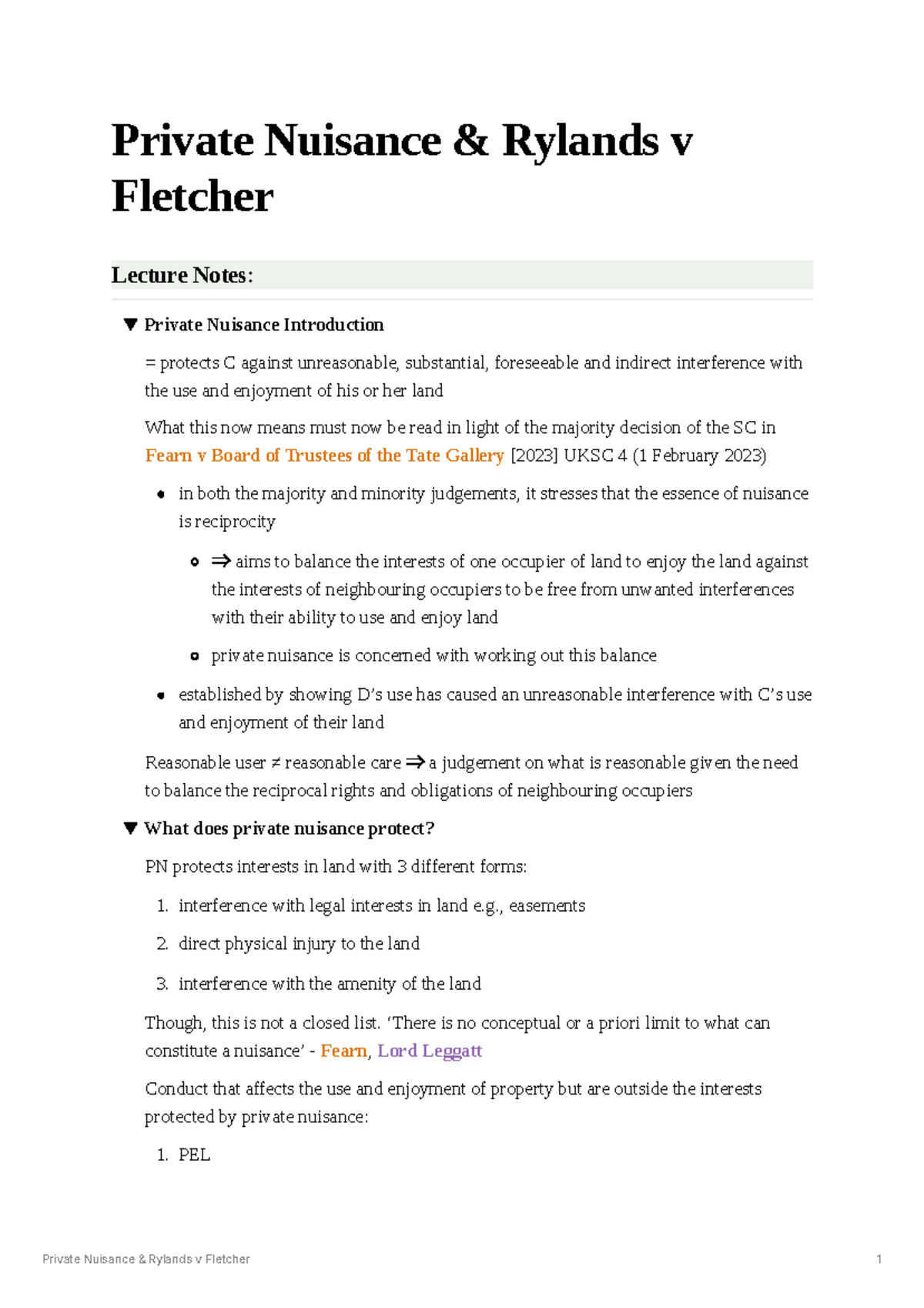 Private Nuisance And Rylands V Fletcher Private Nuisance And Rylands V