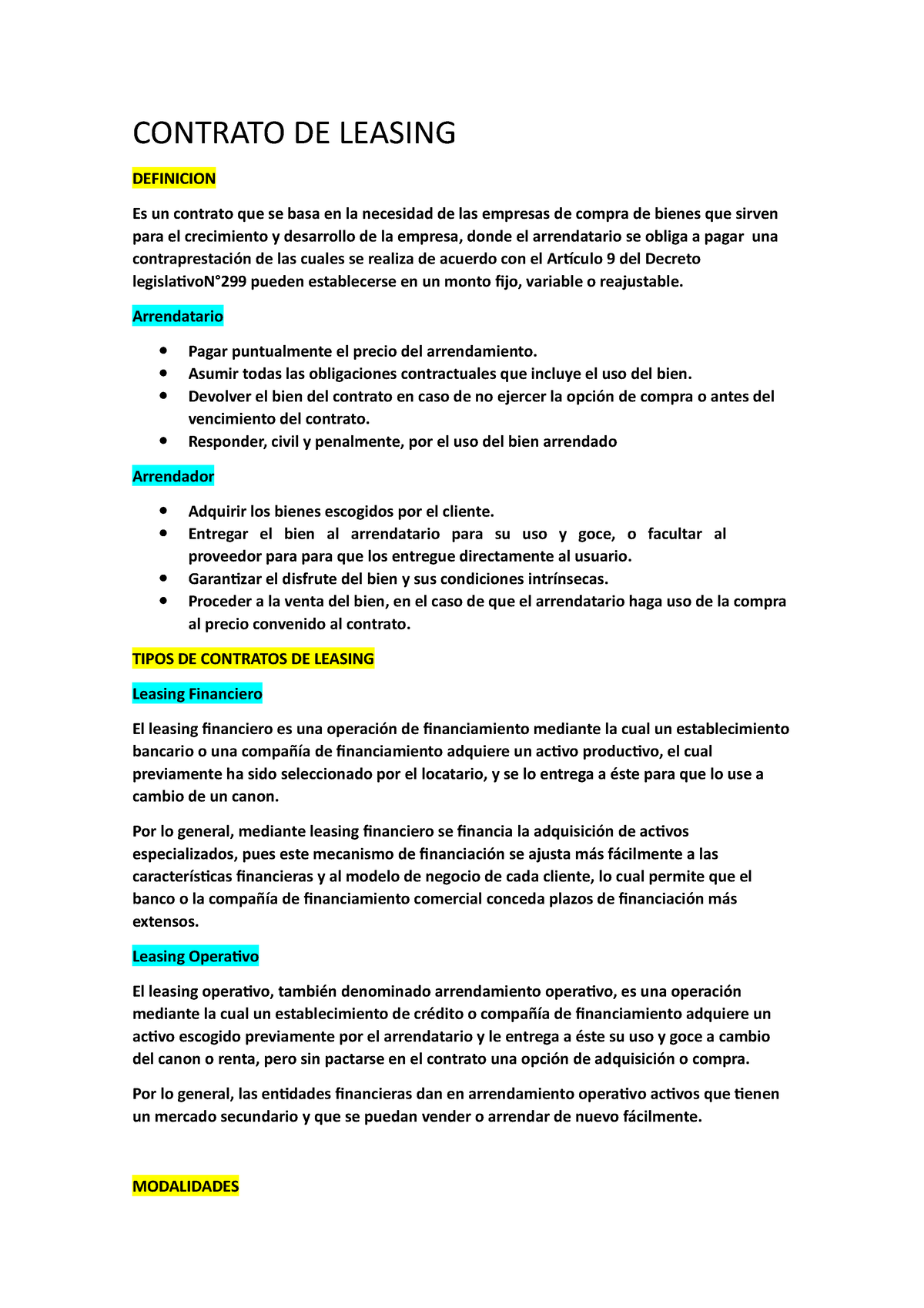 Contrato De Leasing Contrato De Leasing Definicion Es Un