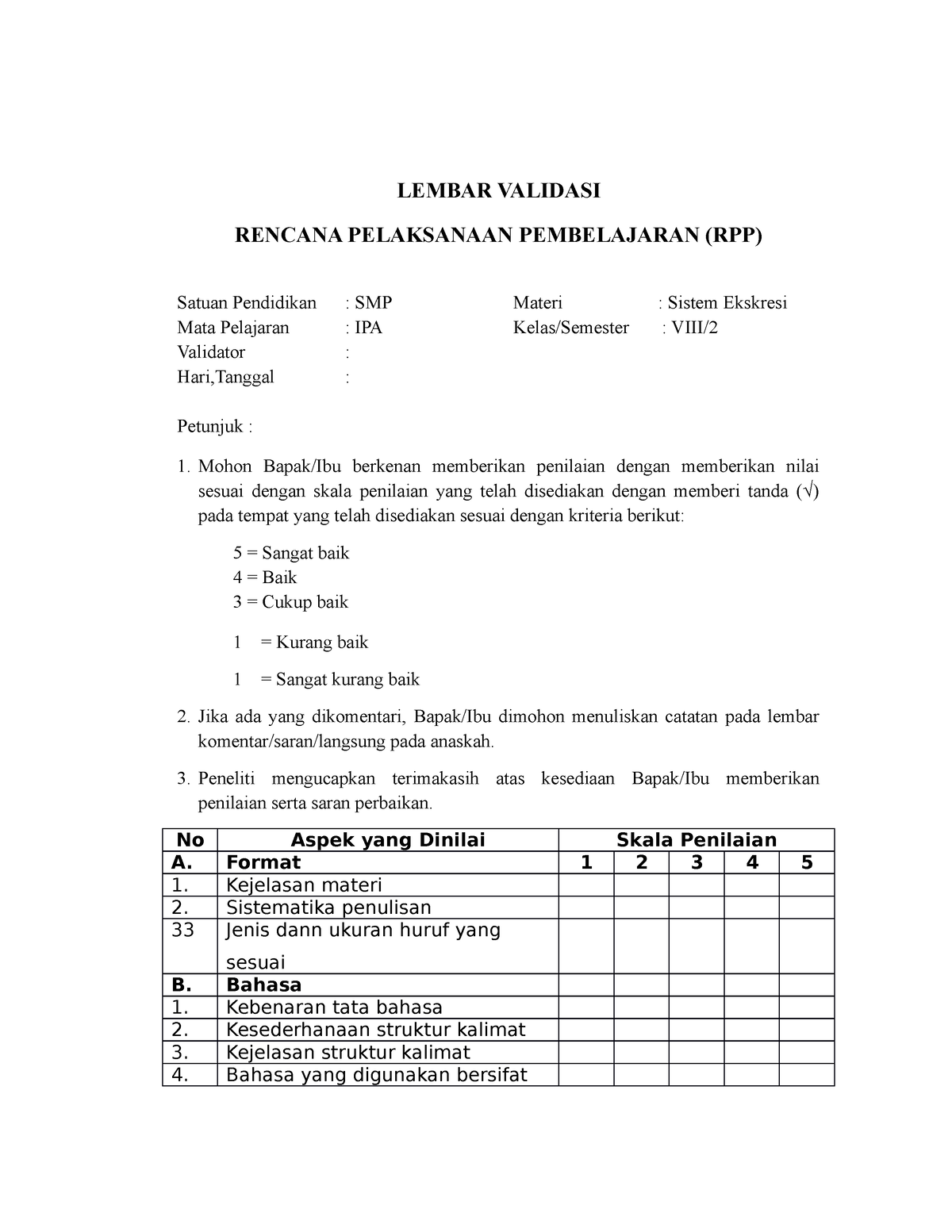 Contoh Rubrik Penilaian Rpp Pdf Doc Contoh Lembar Validasi Riset Porn