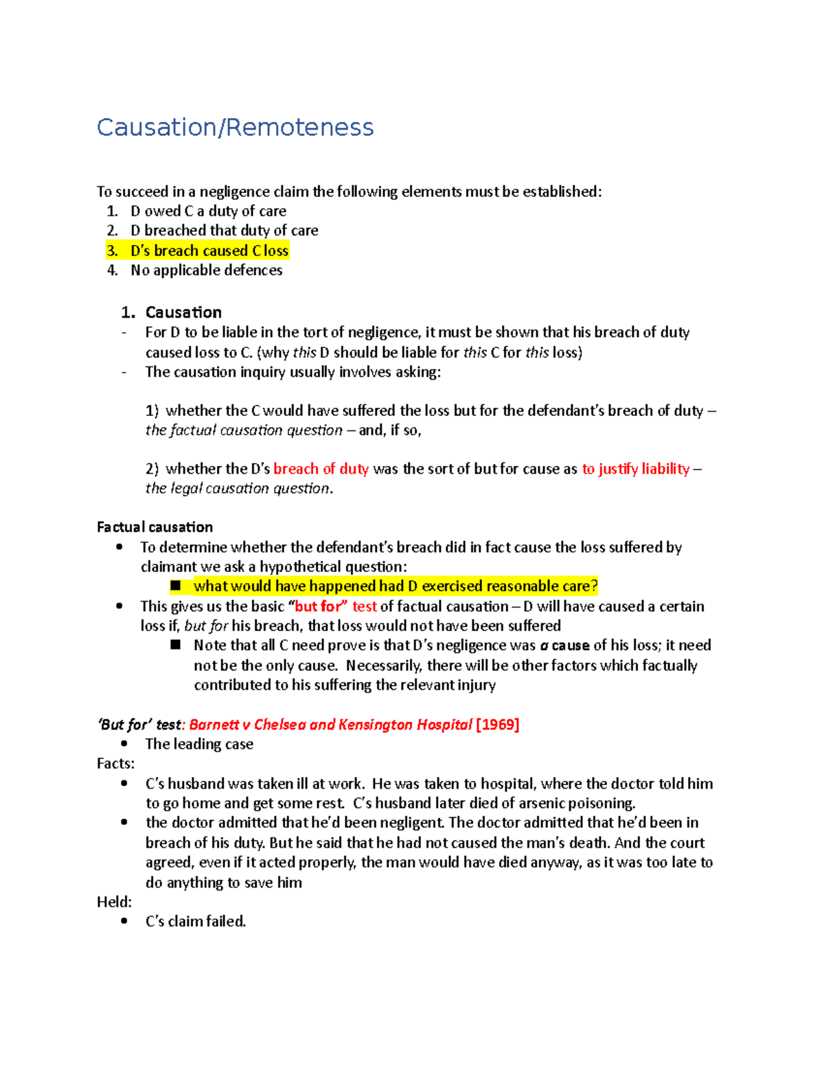 Tort Law Lecture Outlines Causation Causationremoteness To Succeed