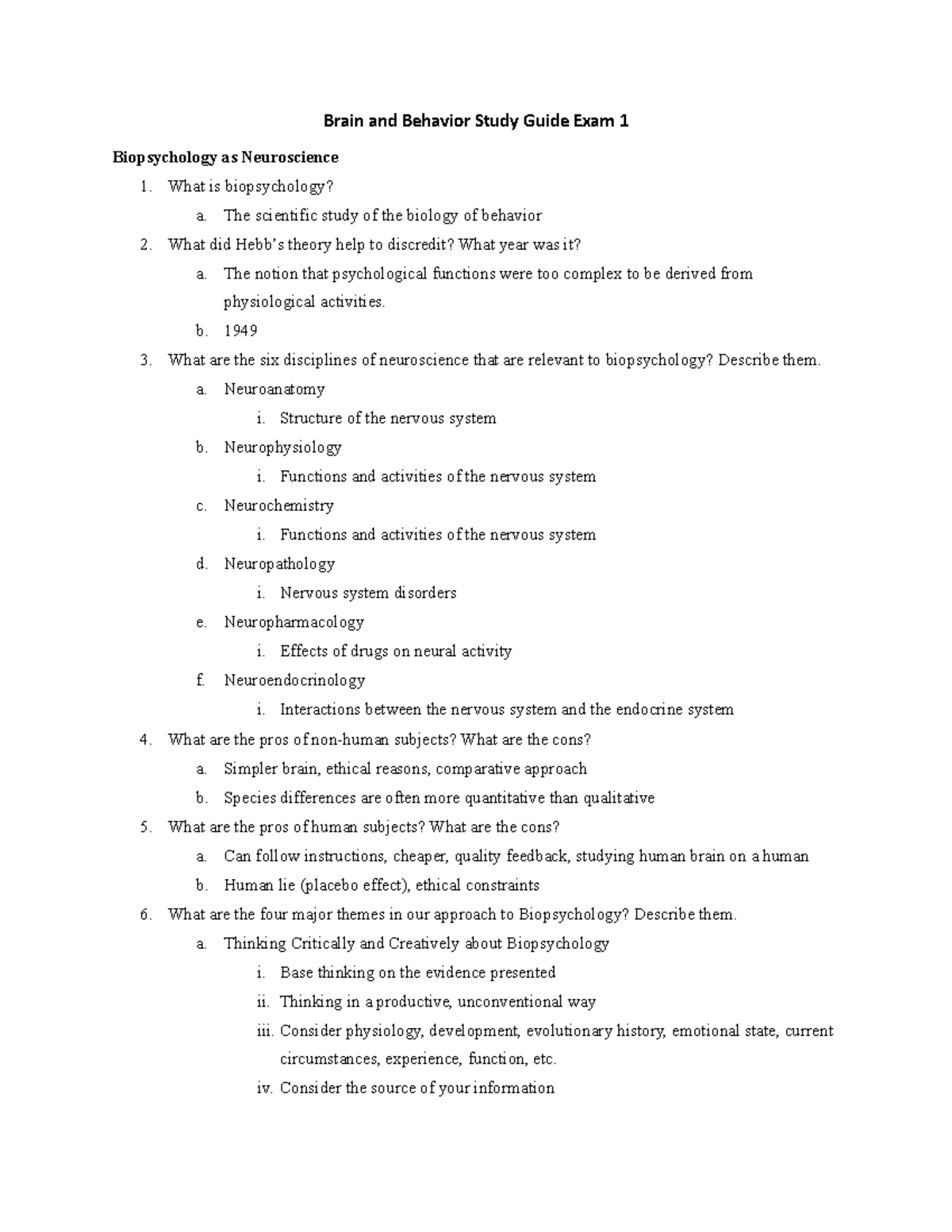 Study Guide Exam 1 Psb 2000 Brain And Behavior Study Guide Exam 1