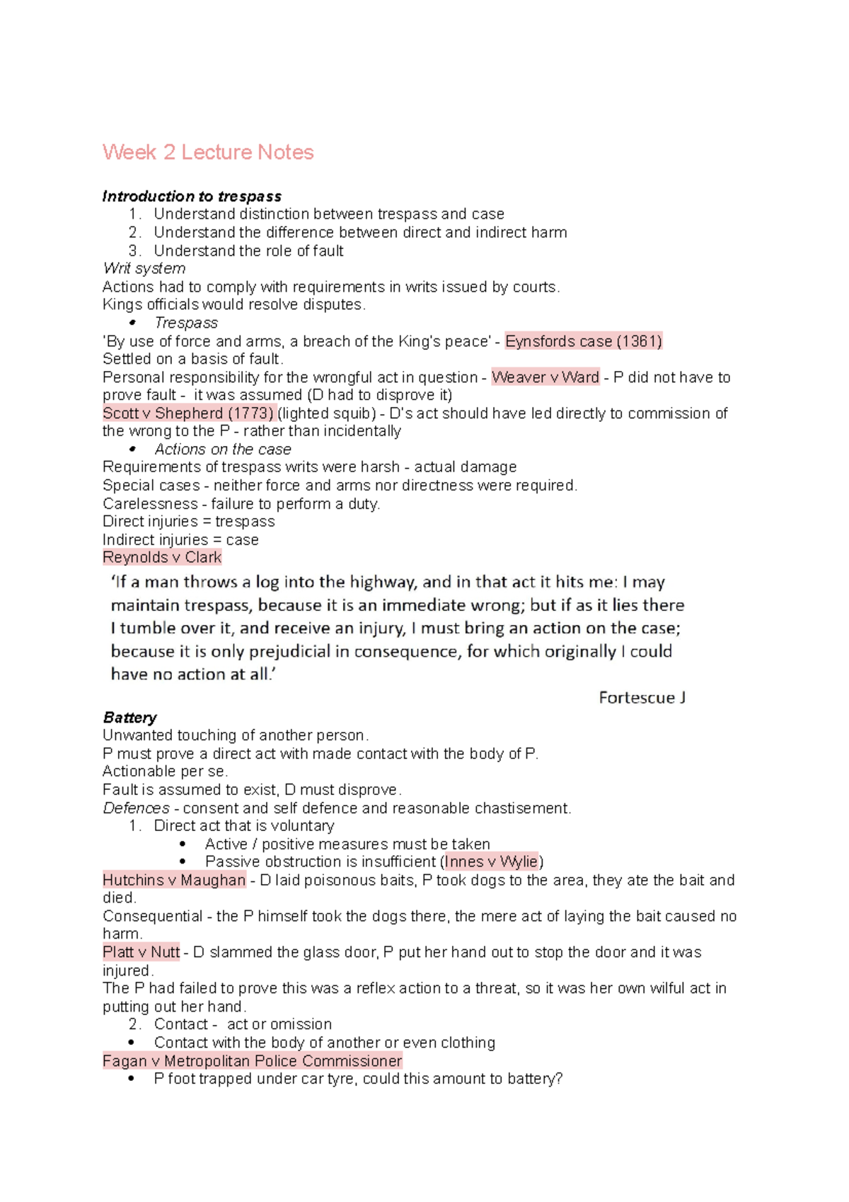 Law Of Torts Weekly Notes 2 Week 2 Lecture Notes Introduction To