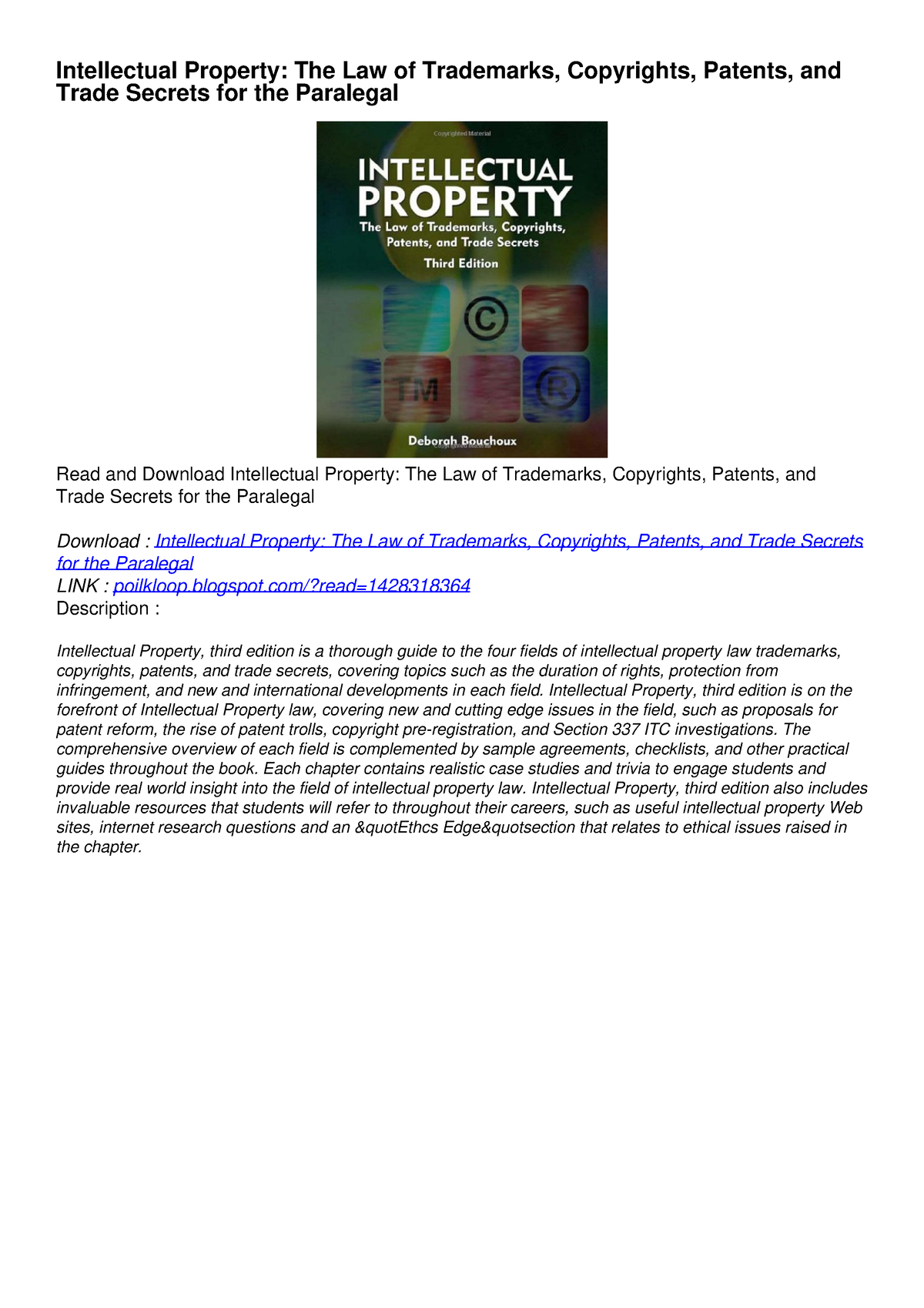 Pdf Intellectual Property The Law Of Trademarks Copyrights Patents