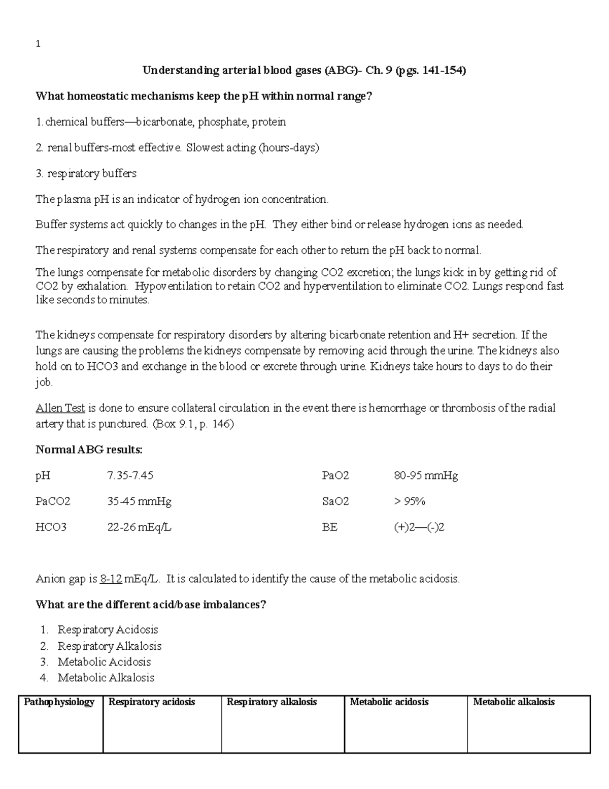 Abg Study Guide Arterial Blood Gases Understanding Arterial Blood