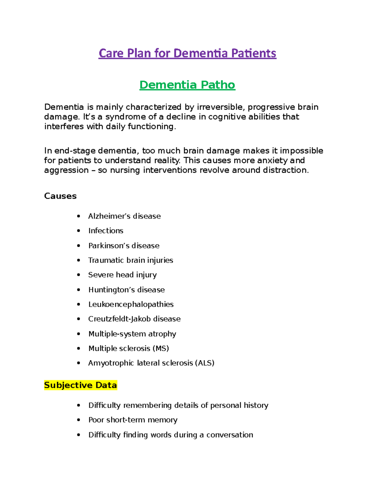 Care Plan For Dementia Patients Care Plan For Dementia Patients