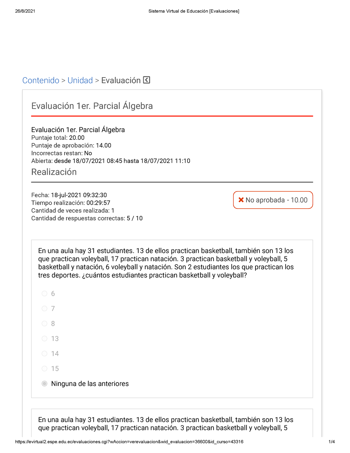 Alge Parcial 1 Simulacro De Prueba Contenido Unidad Evaluación