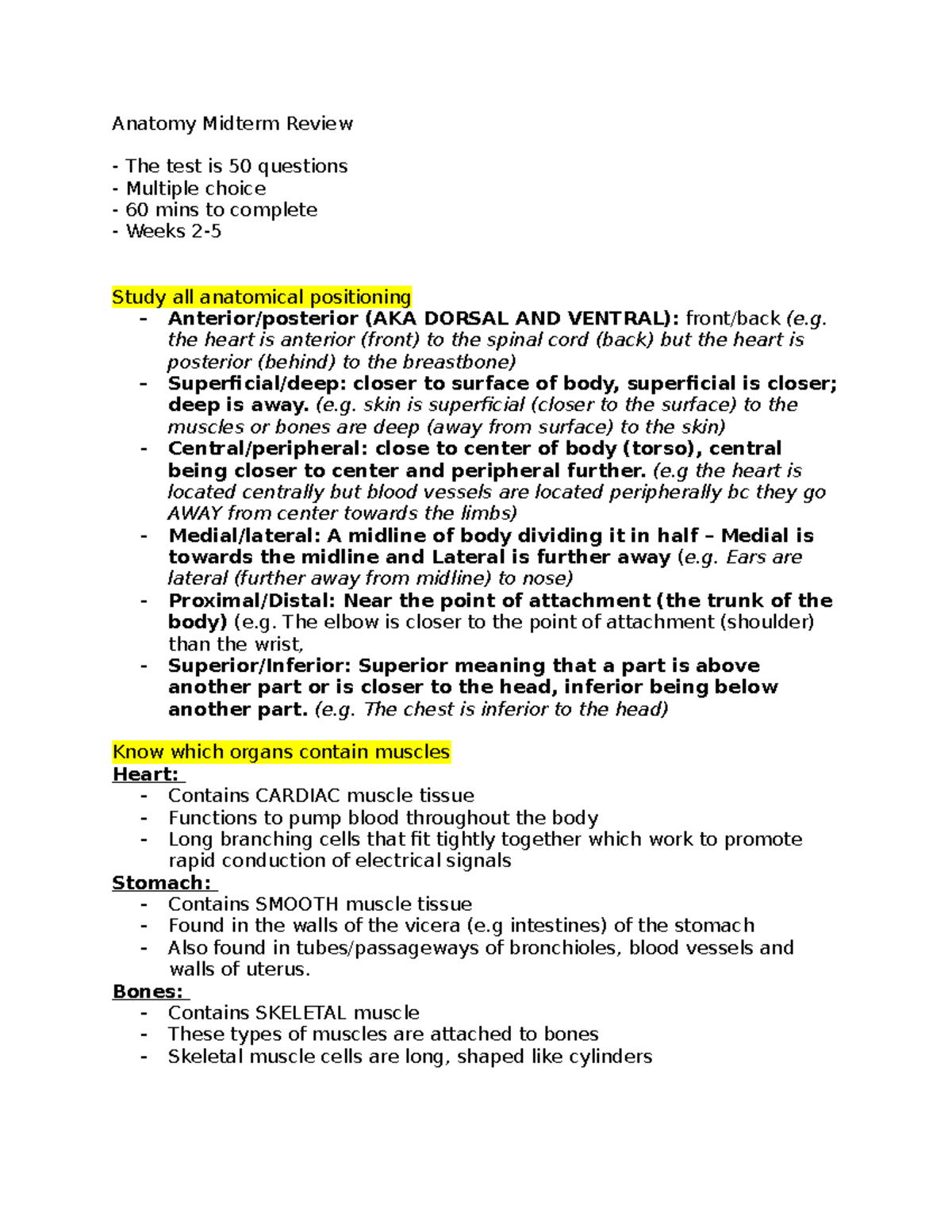 Midterm Review October 2018 Questions And Answers Anatomy Midterm