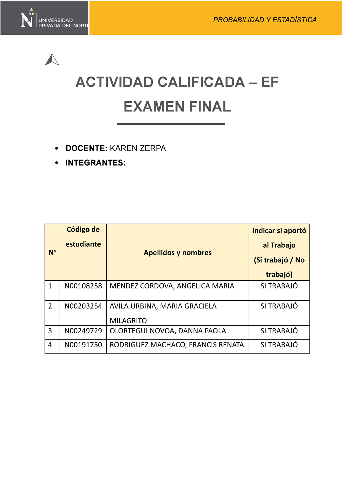 Ef Examen Final Probabilidad Actividad Calificada Ef Examen Final