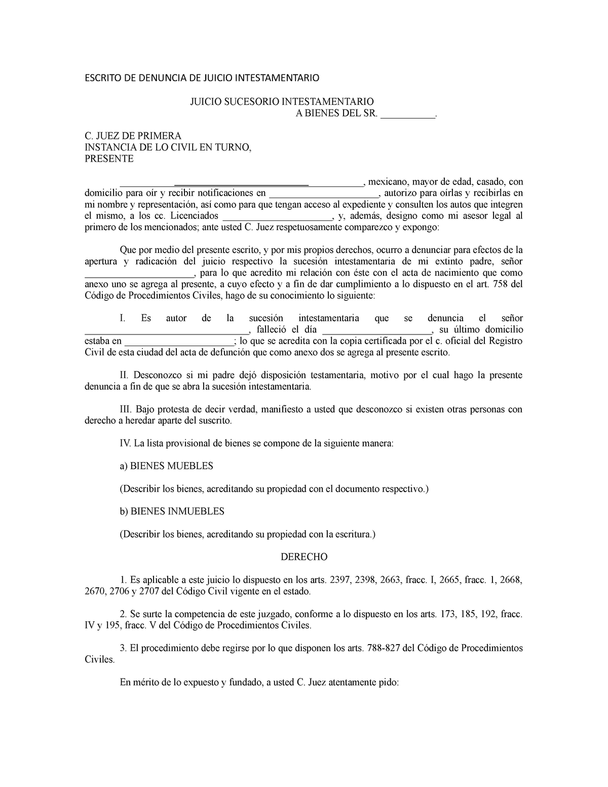 Escrito De Denuncia De Juicio Intestamentario Escrito De Denuncia De