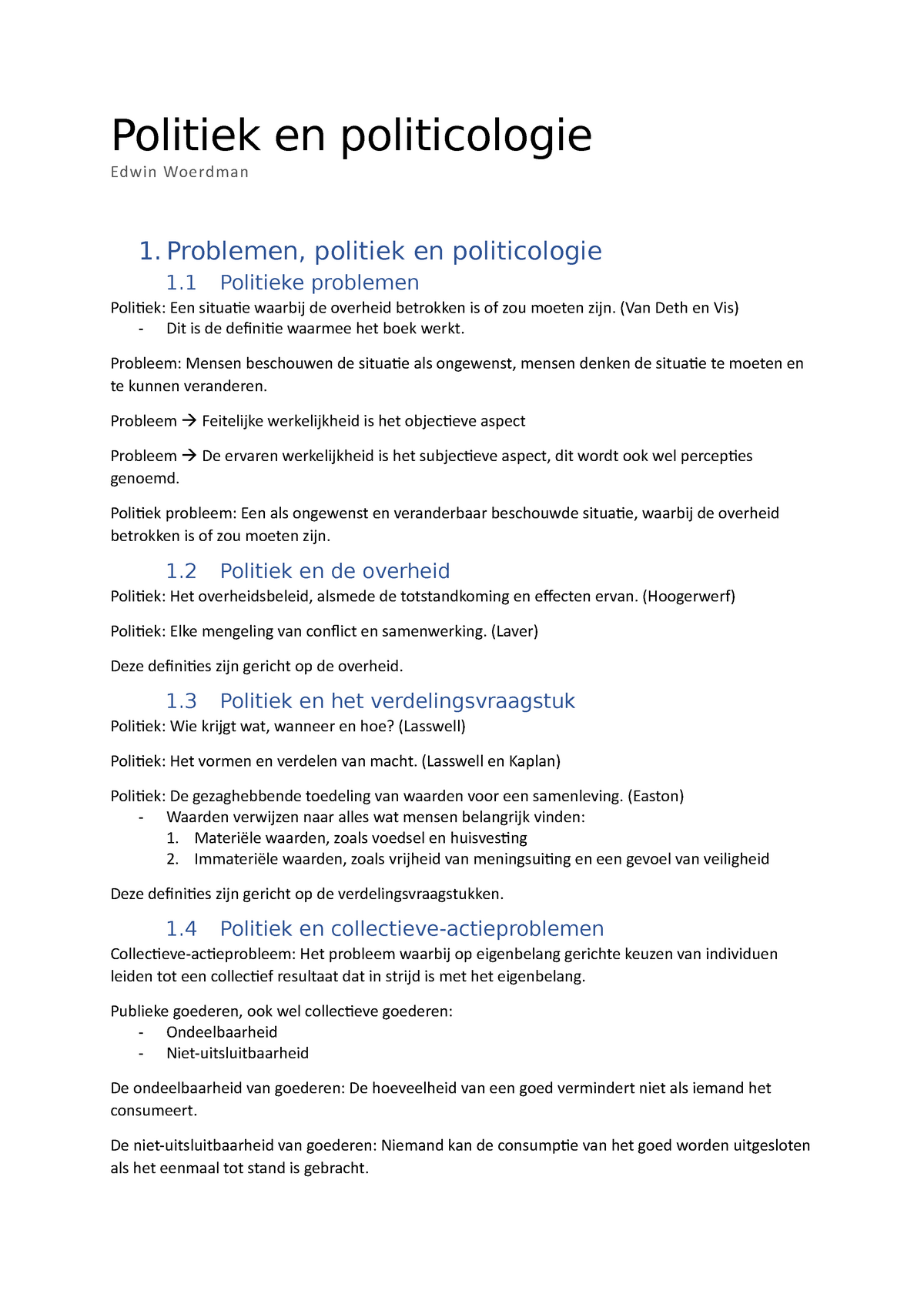 Samenvatting Bestuur En Politiek Politiek En Politicologie Edwin