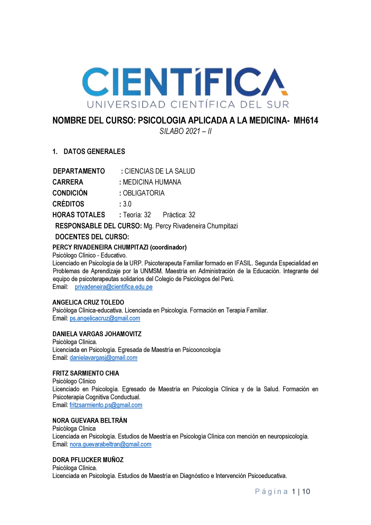 Silabo Psicologia Aplicada A La Medicina 202i Ii Final Nombre Del