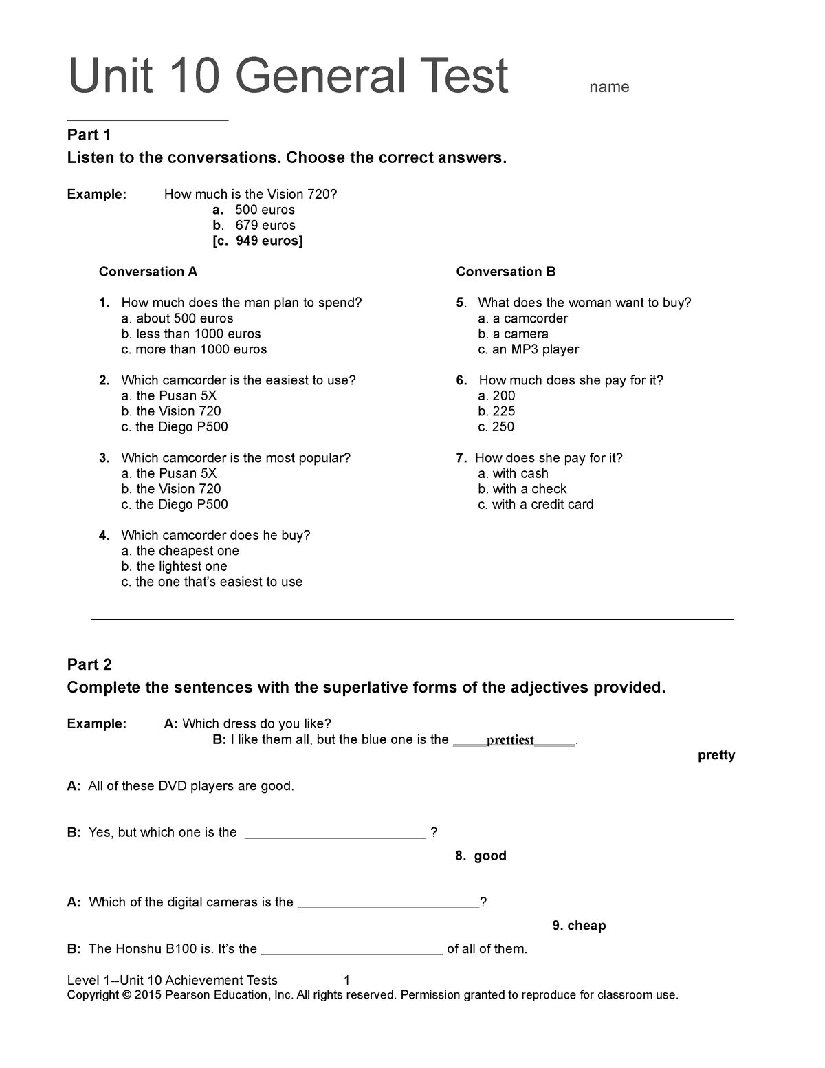 Top Notch 1 Unit 10 Assessment Unit 10 General Test Name