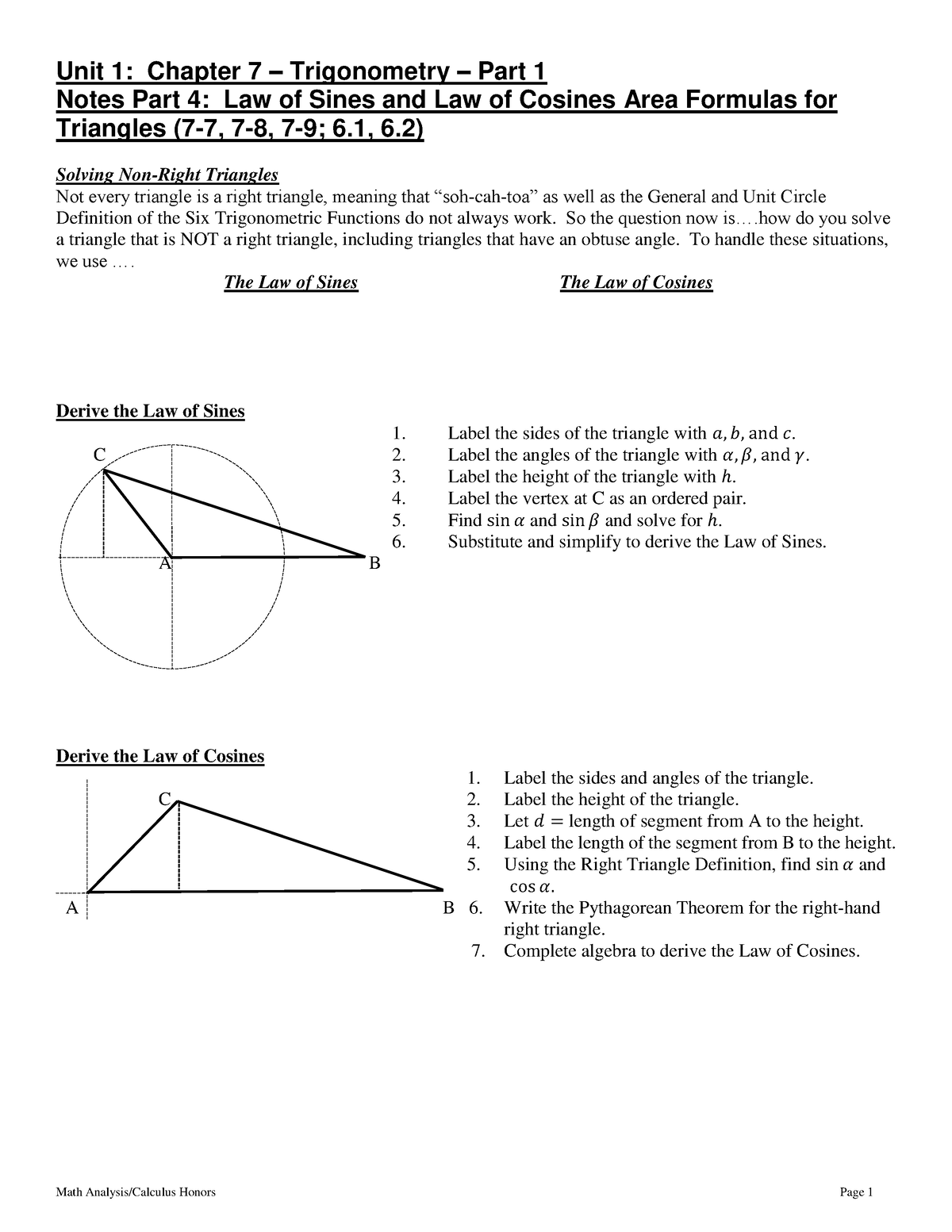 Unit 1 Notes Part 4 Unit 1 Chapter 7 Trigonometry Part 1 Notes