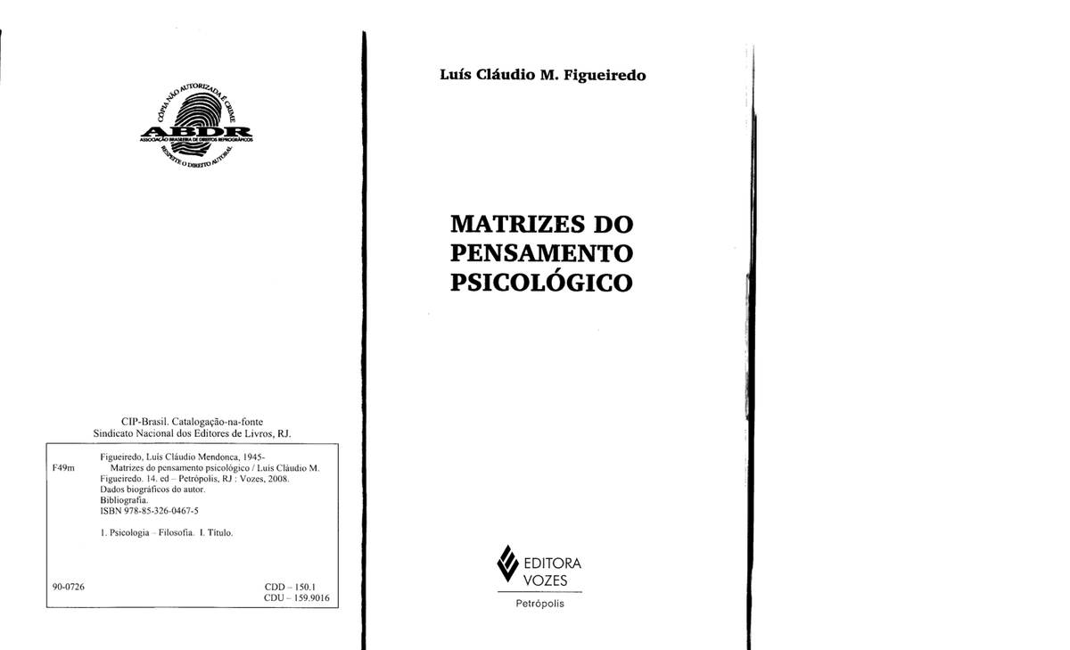 Livro Figueiredo Matrizes Do Pensamento Psicologico Introdução À