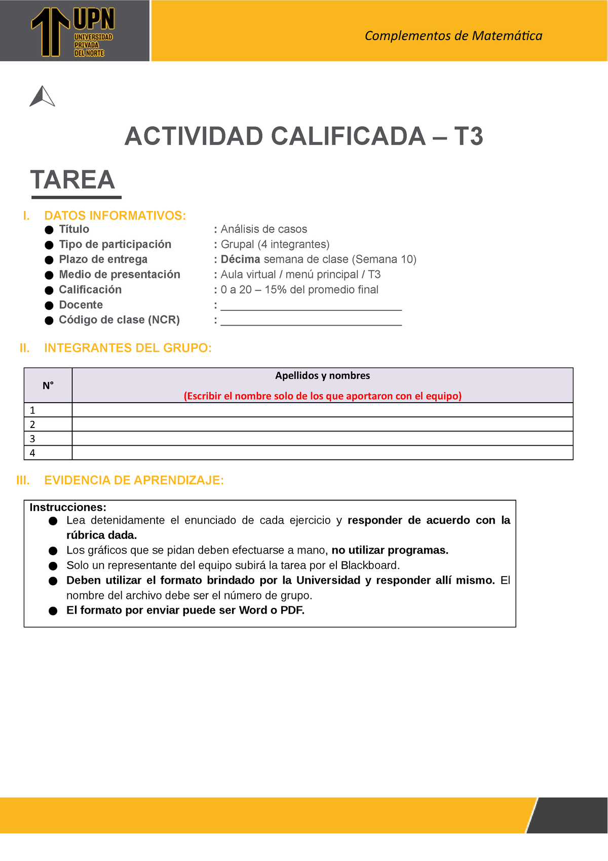 T3 Complementos De Matemática Ug Actividad Calificada T Tarea I