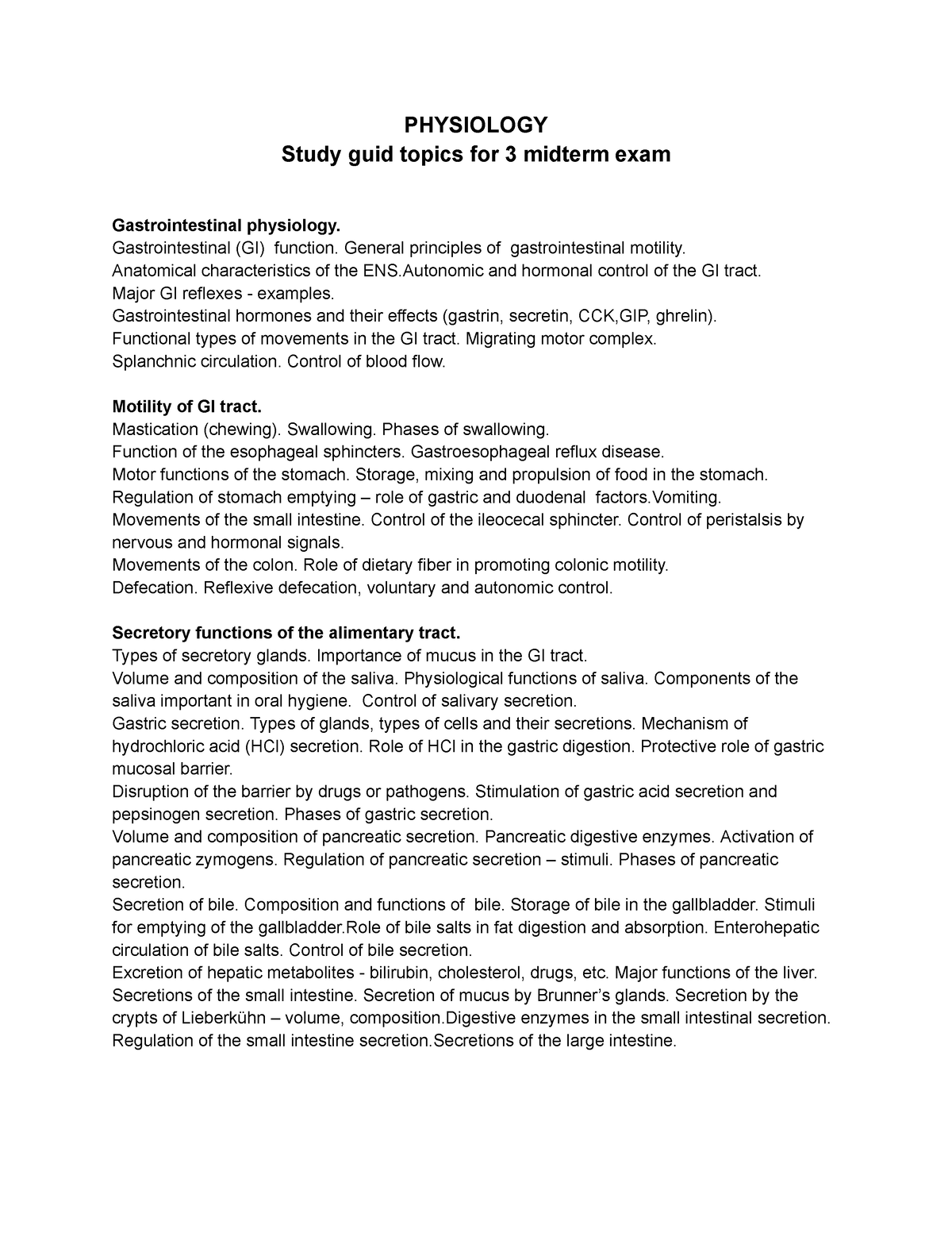 Physio 3rd Exam Topics Physiology Study Guid Topics For 3 Midterm