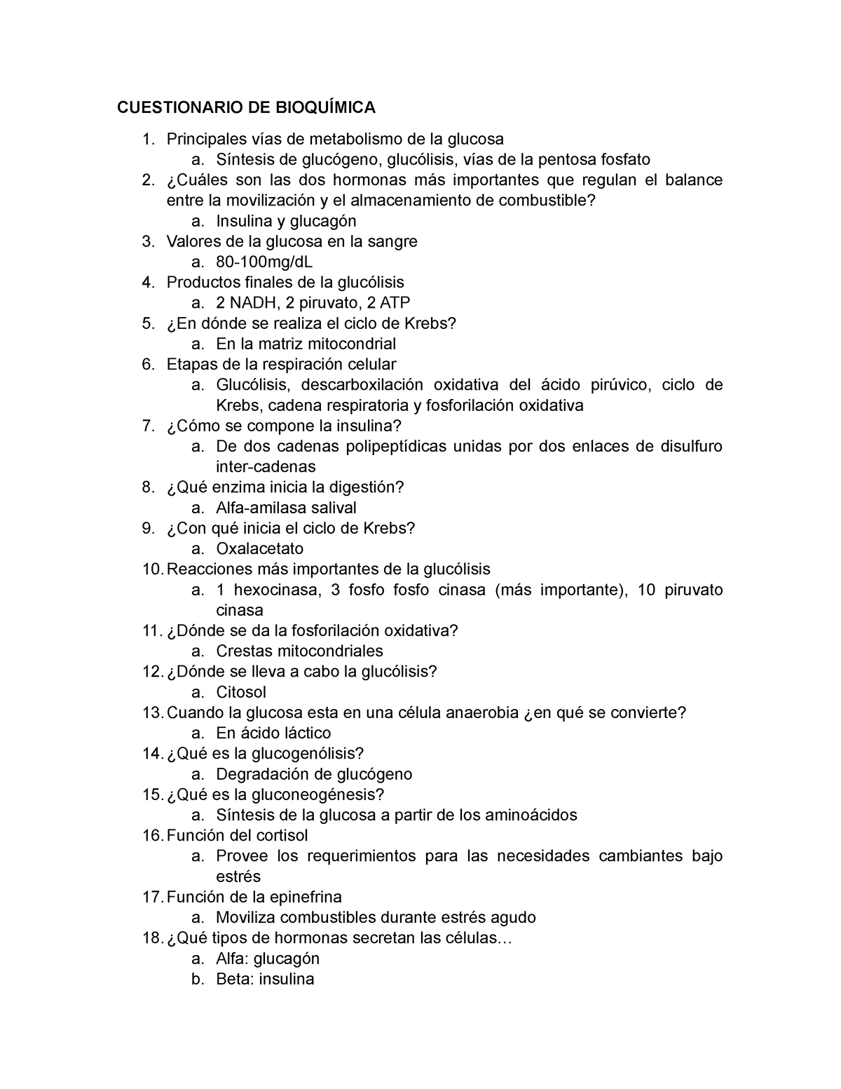 Cuestionario De Bioquímica Cuestionario De BioquÍmica Principales