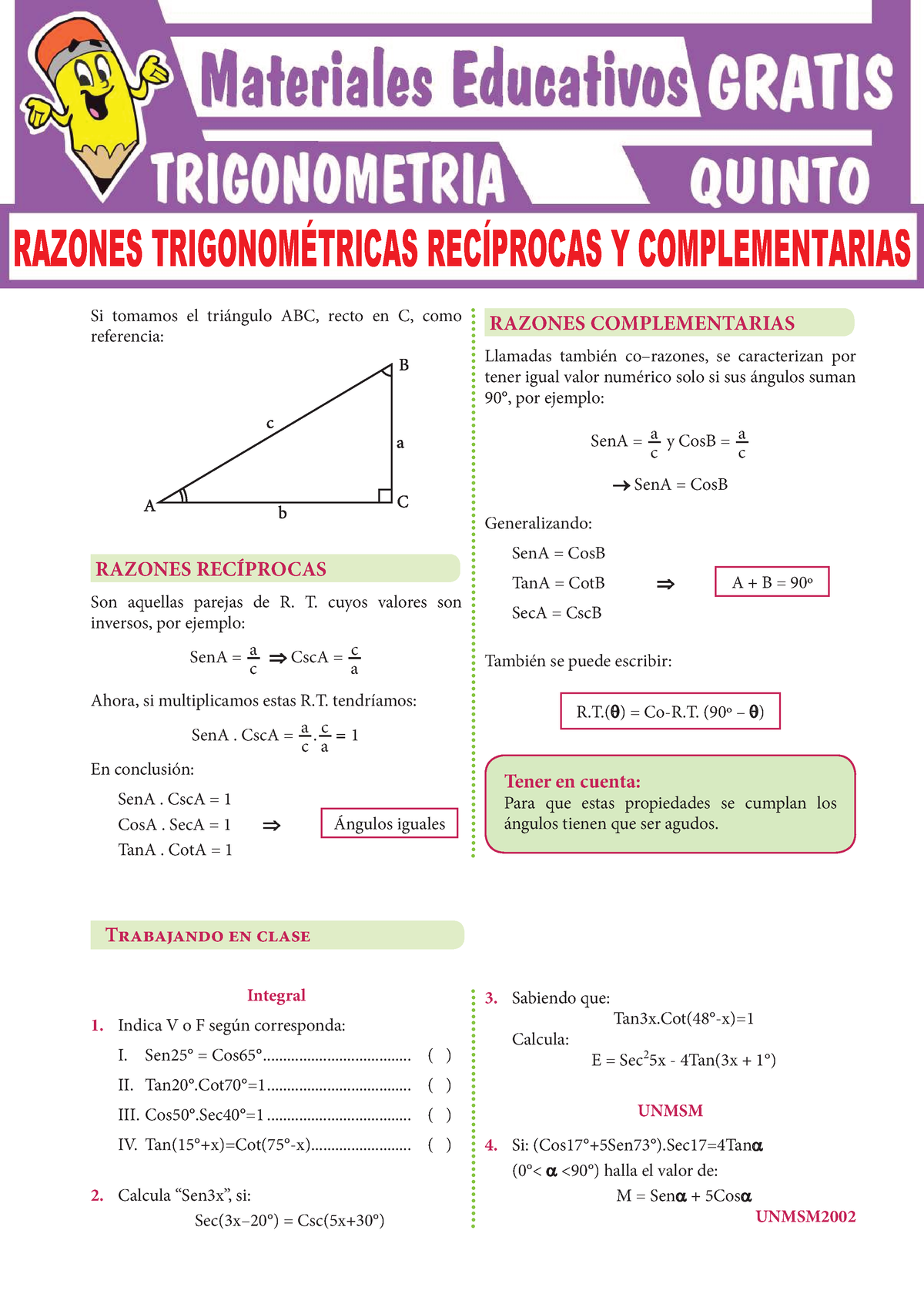 Razones Trigonométricas Recíprocas Y Complementarias Para Quinto Grado