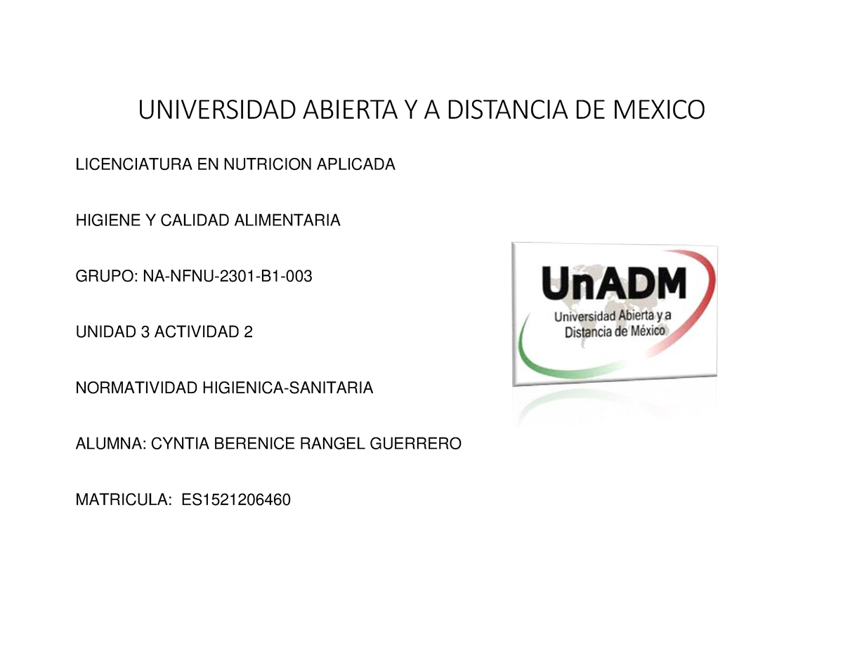 Hca U3 A2 Cyrg Higienen Y Calidad Alimentaria U3 A2 Universidad