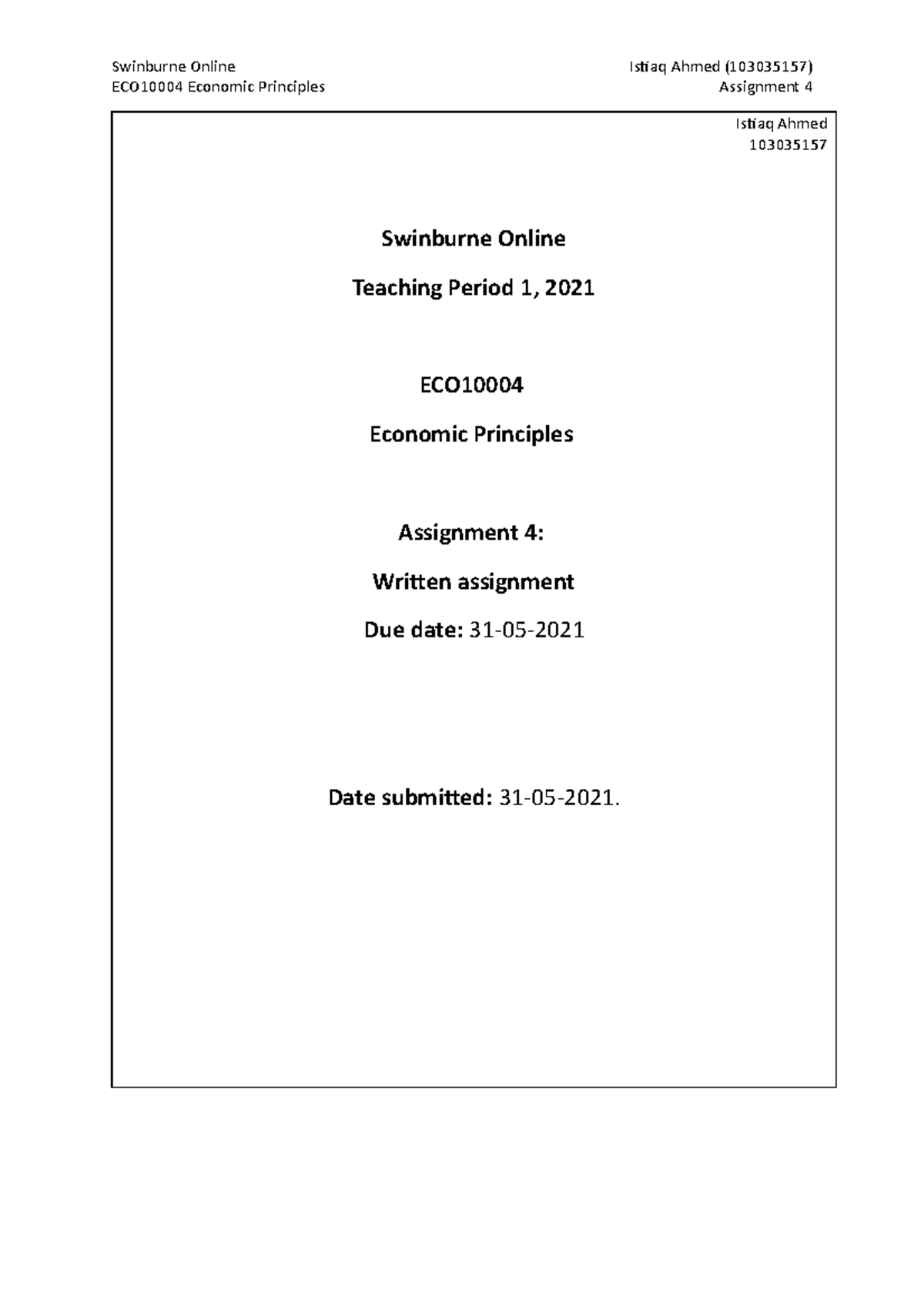 Eco10004 Assignment 4 Assignmen 4 Eco10004 Economic Principles