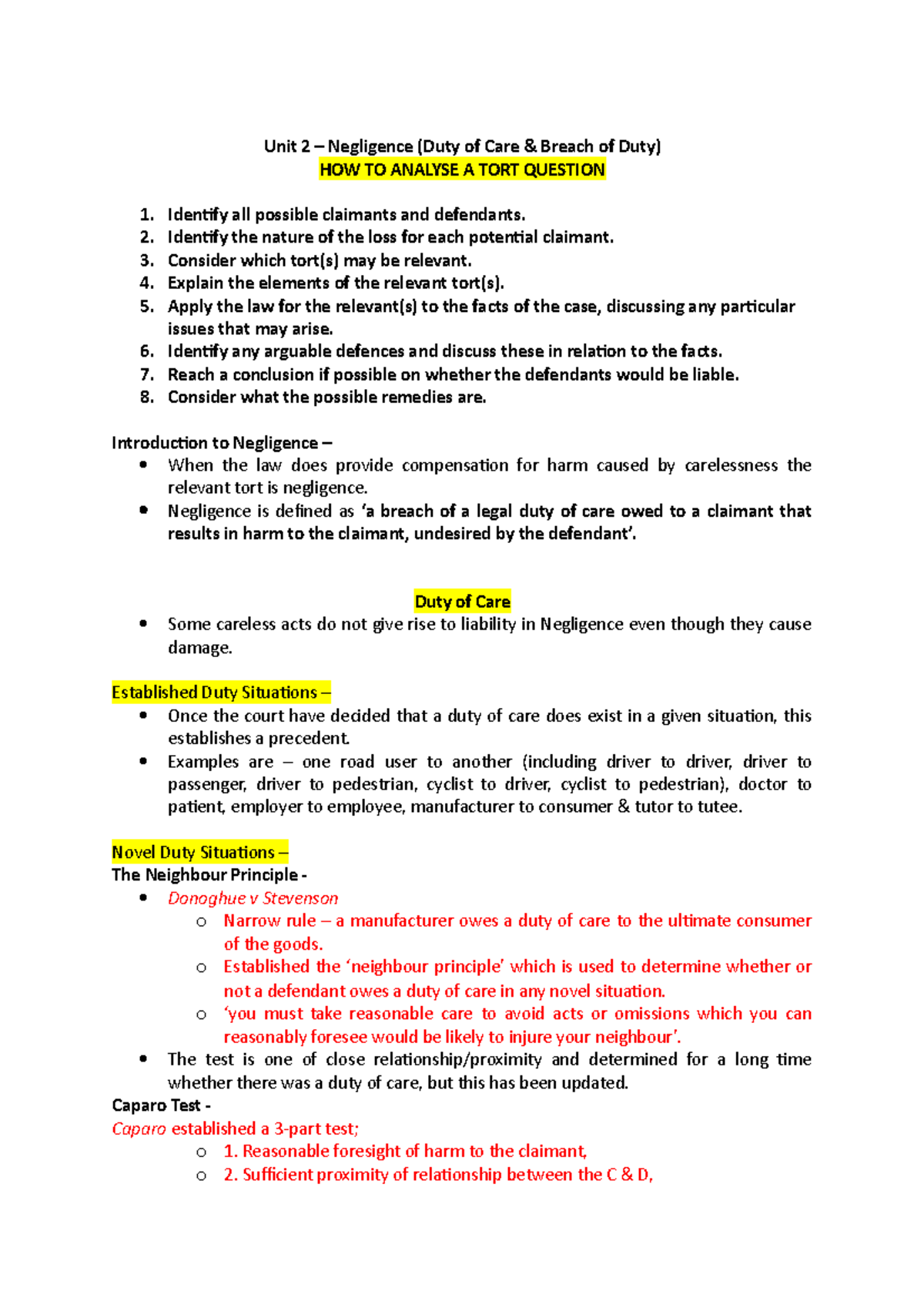 Tort Of Negligence Unit 2 Negligence Duty Of Care And Breach Of Duty