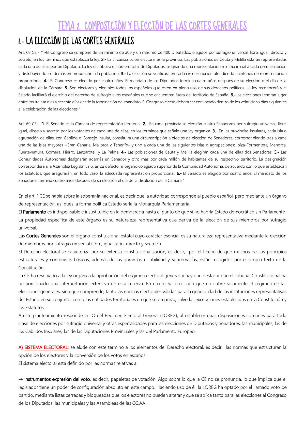 Tema 2 Derecho Constitucional Ii Tema 2 Y De Las Cortes Generales La