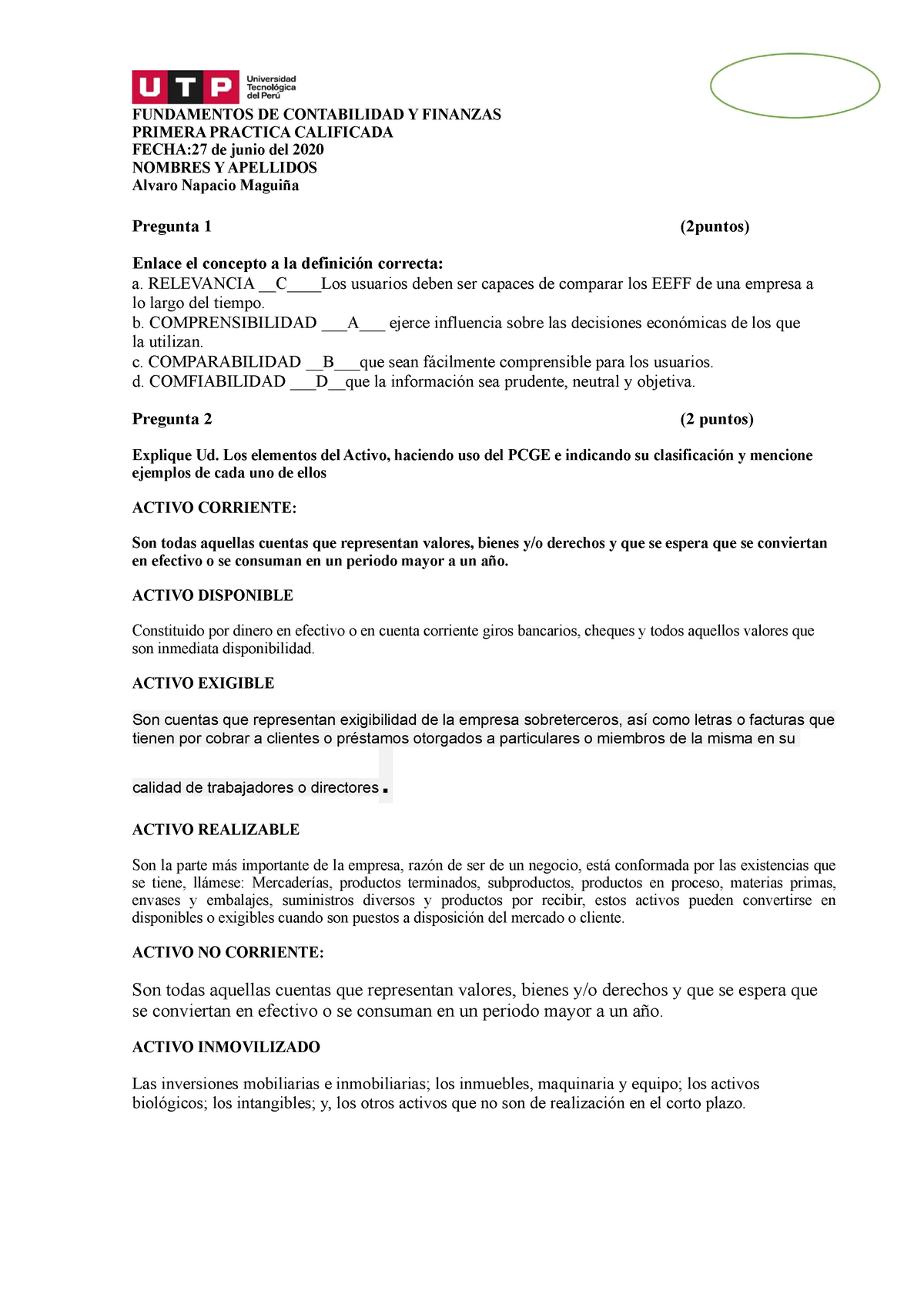 1ra Practica Calificad De Fundamentos De Contabilidad Y Finanzas 1