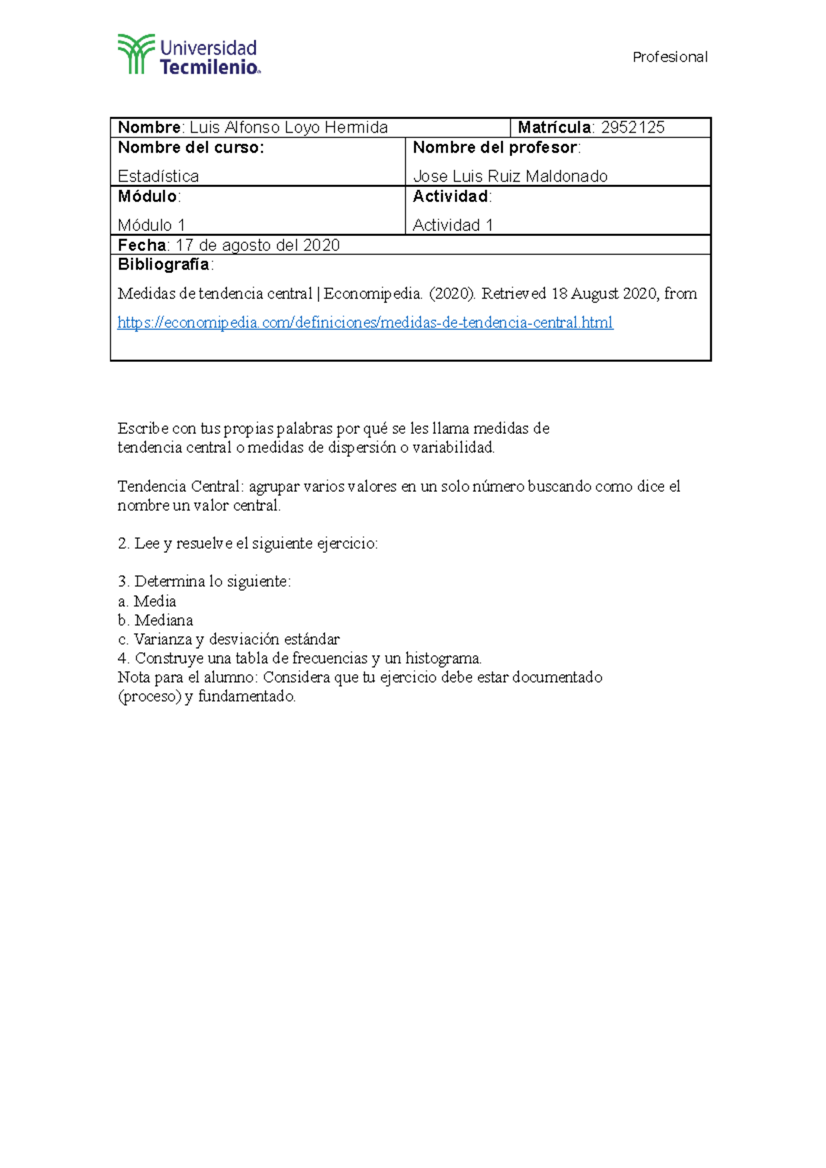 Actividad 1 Est Apuntes 1 Profesional Nombre Luis Alfonso Loyo