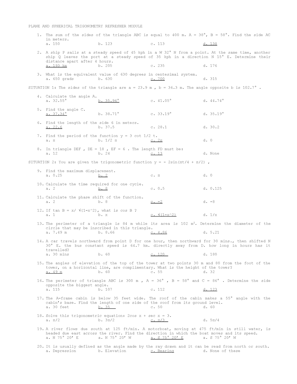 Plane And Spherical Trigonometry Refresher Module Plane And Spherical