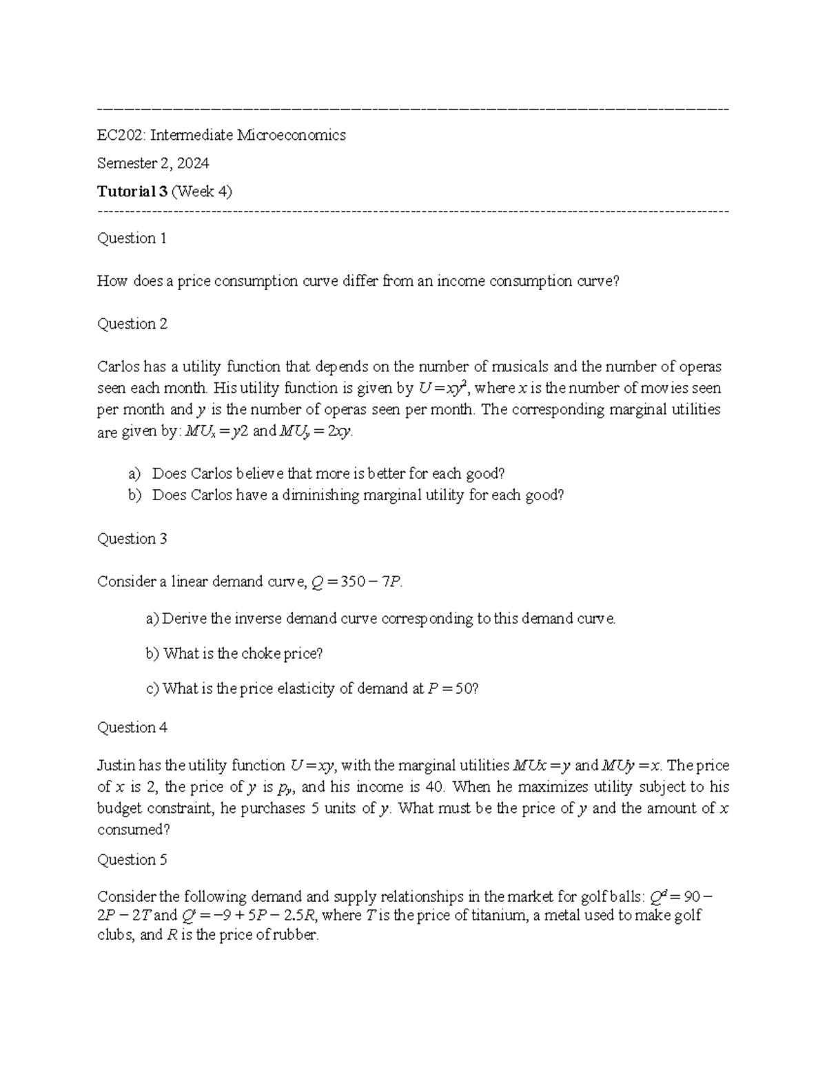 Tutorial 3 Ec202 Intermediate Microeconomics Semester 2 2024