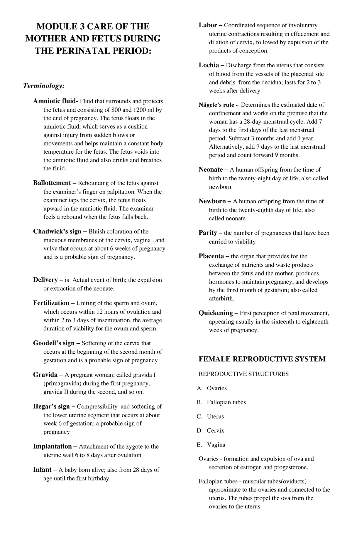 Module 3 Final Care Of The Mother And Fetus During The Perinatal