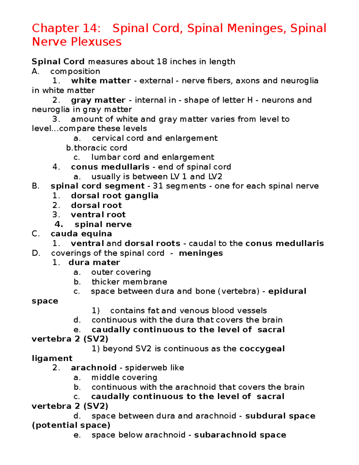 Ch 14 Outline Lecture Notes Ch 14 Chapter 14 Spinal Cord Spinal