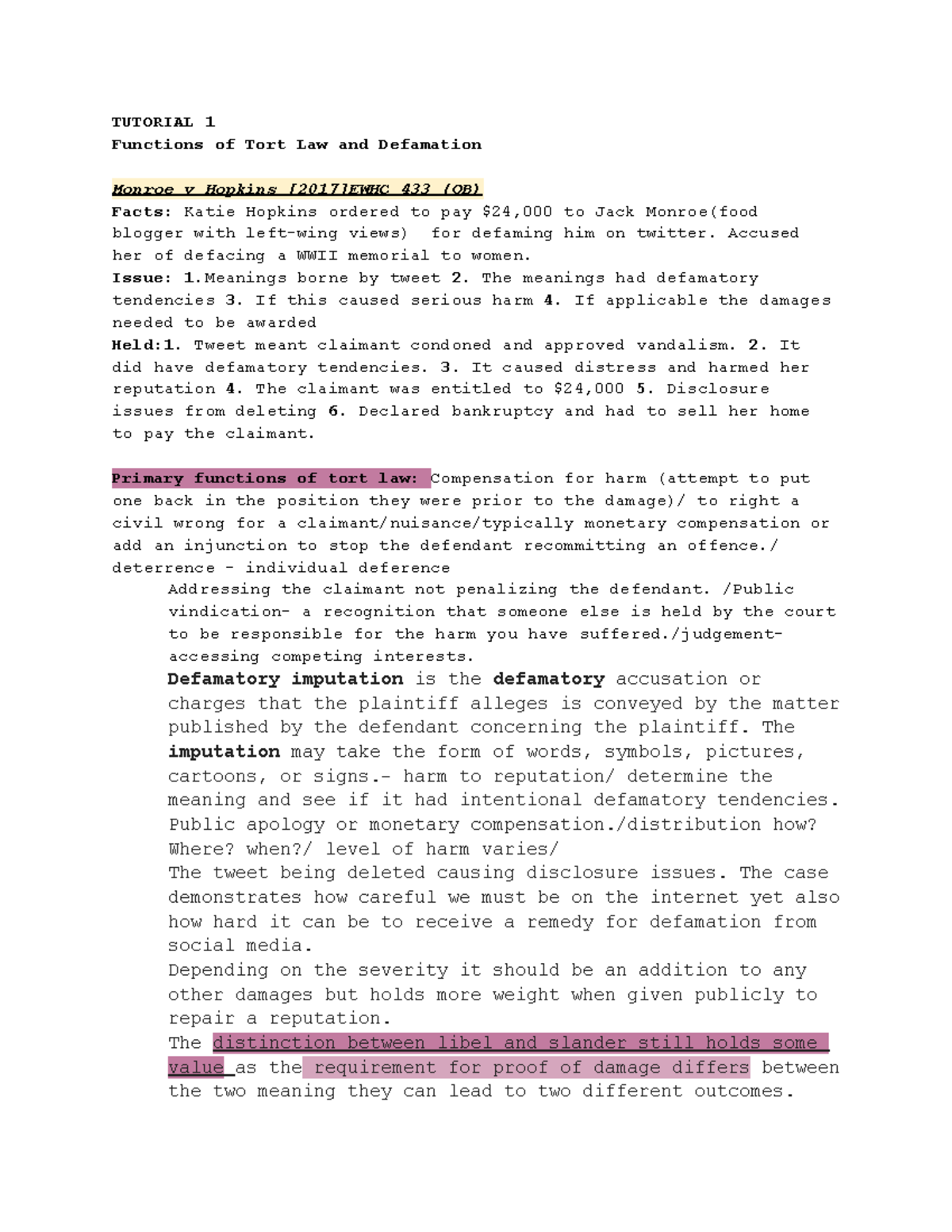 Tutorials Tort Tutorial Tutorial 1 Functions Of Tort Law And