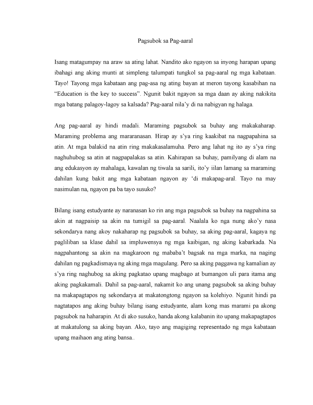 Talumpati Tungkol Sa Pag Aaral Halimbawa Maiklingmaha